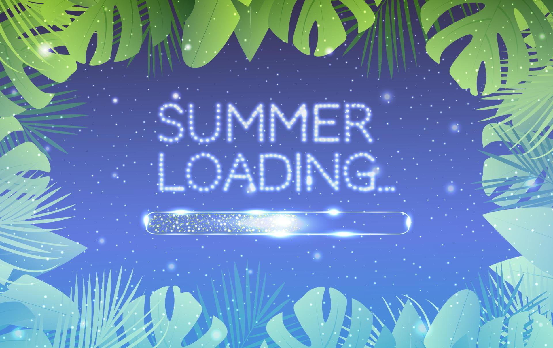 Summer loading. Banner with loading bar, tropical leaf's frame with ...