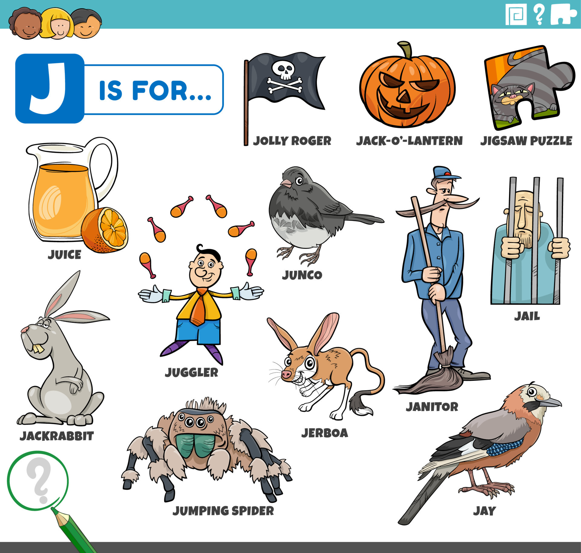 Letter J Words Educational Set With Cartoon Characters 7456191 Vector letter-j-words-educational-set-with-cartoon-characters-7456191-vector