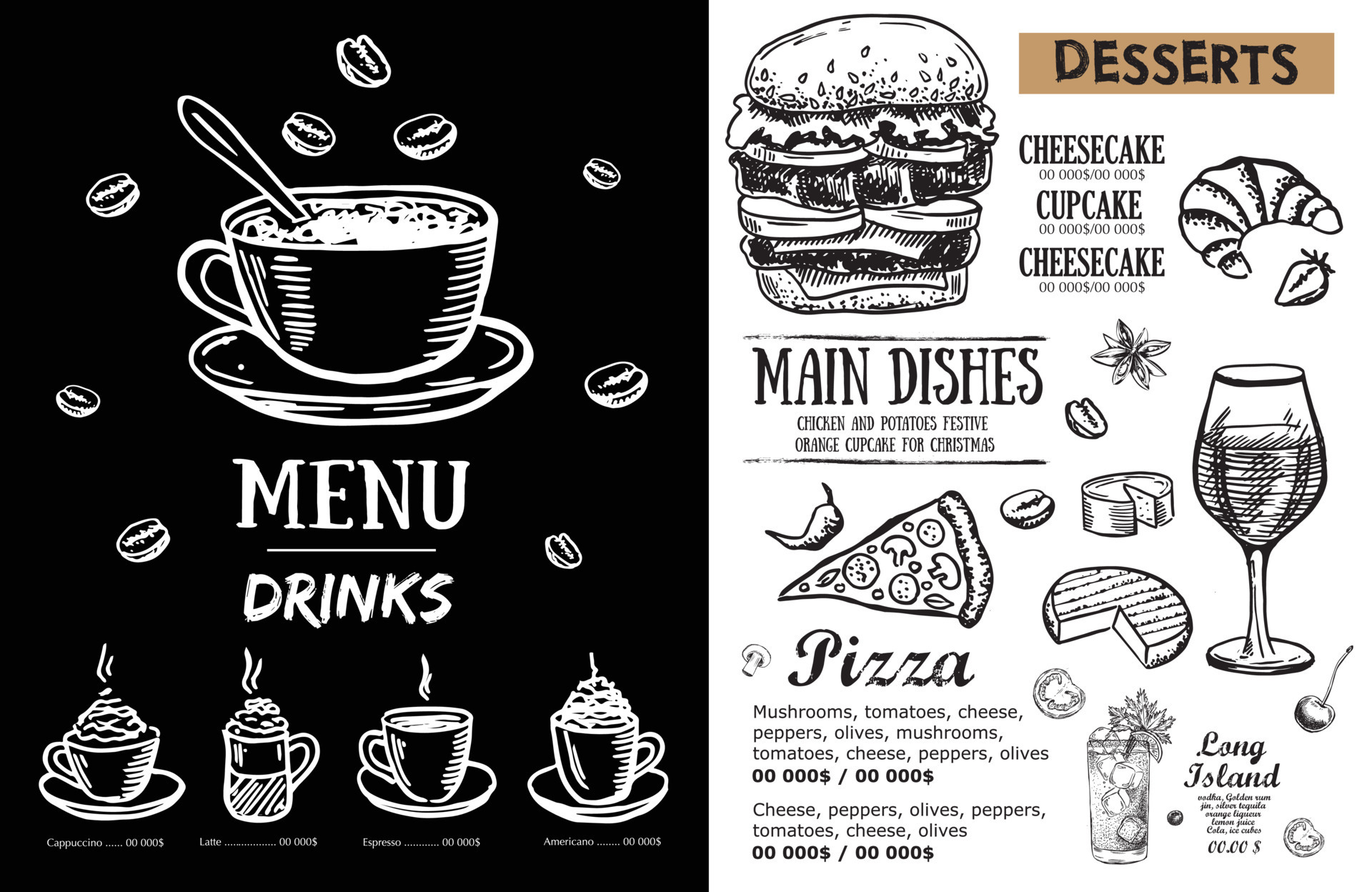 Restaurant menu, template design.. Food flyer. Hand-drawn style. Vector ...