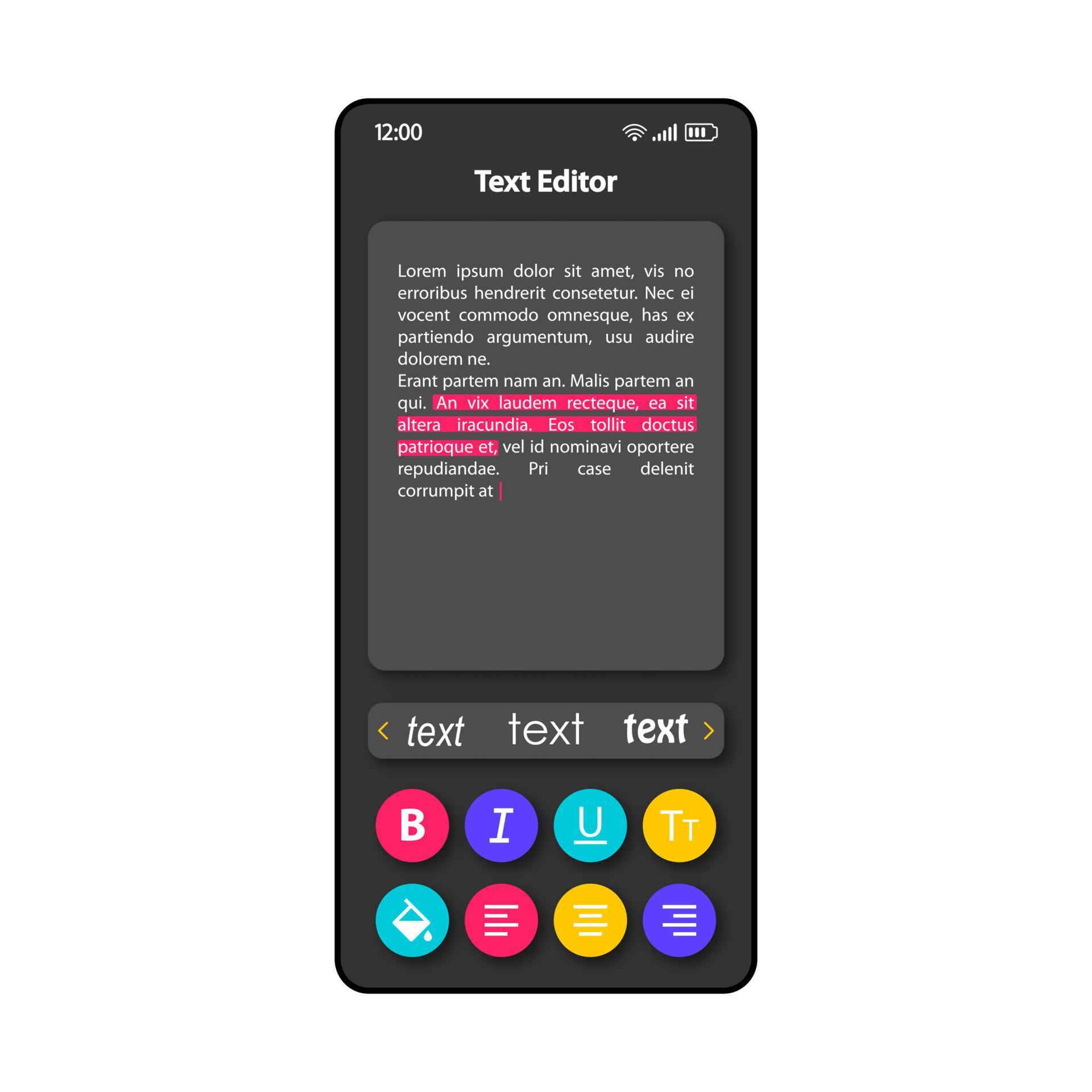 Text document editor smartphone interface vector template. Mobile app page color design layout ...