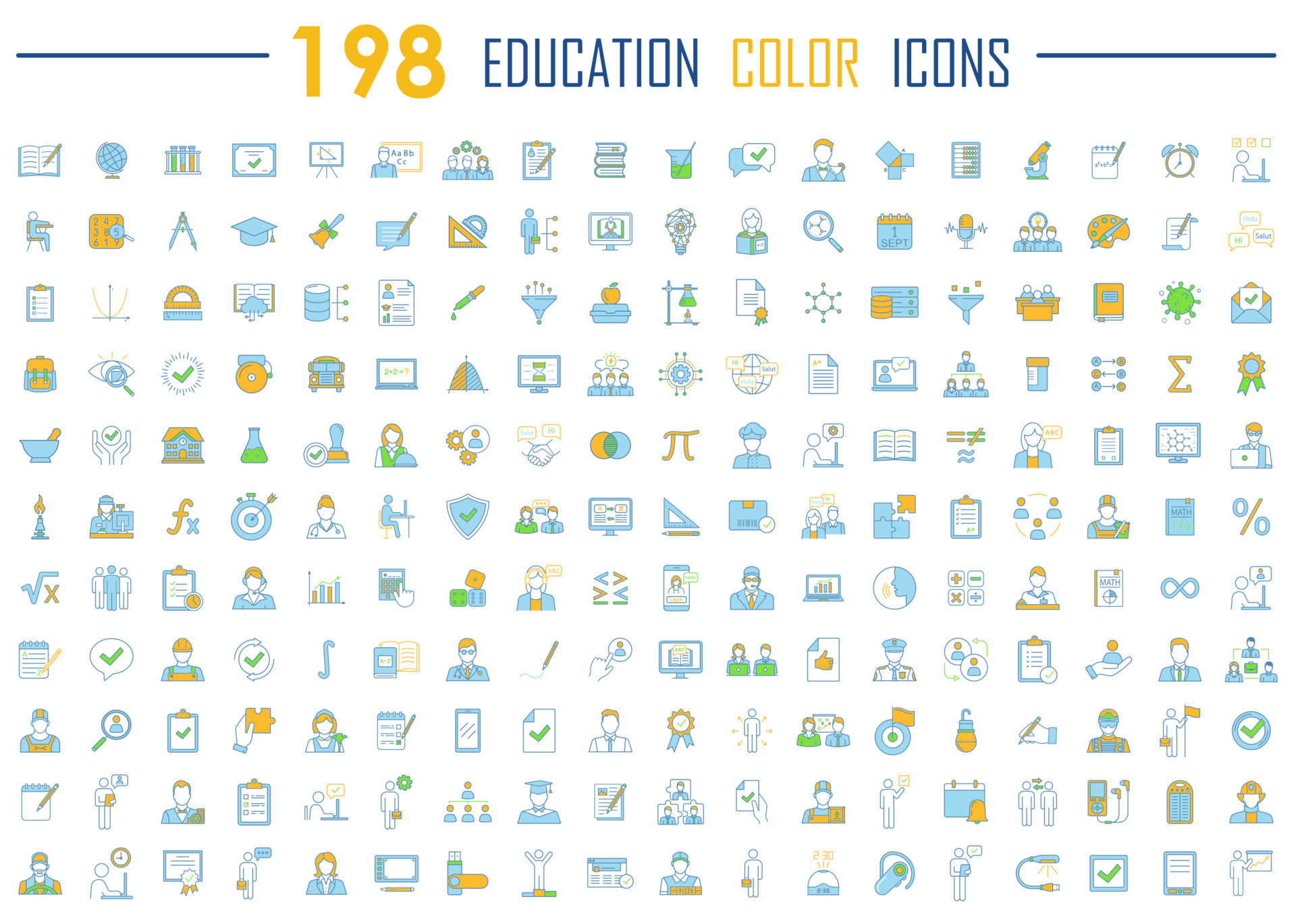 Education color icons big set. School, university, home learning, self ...