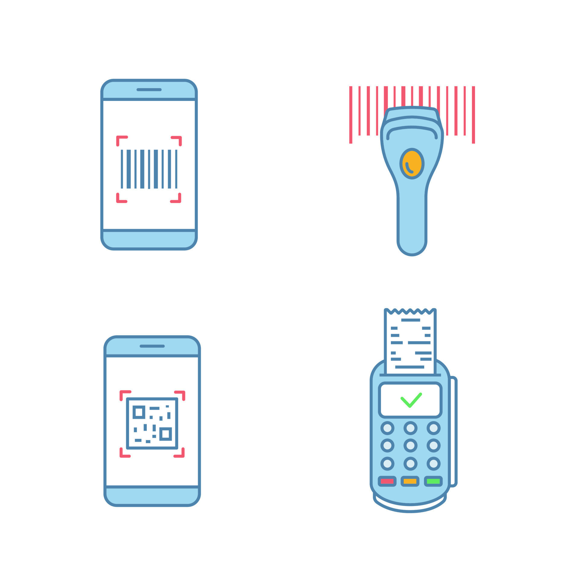 Barcodes color icons set. Smartphone barcode scanner, linear code ...