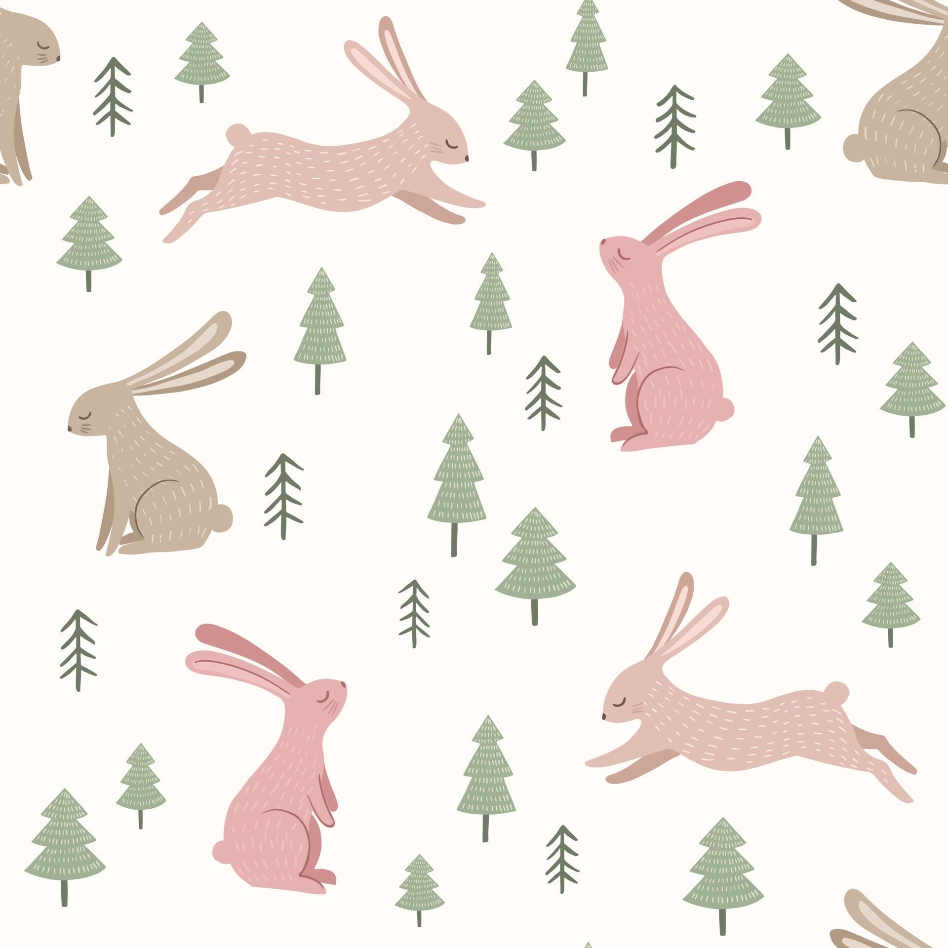 Woodland vector pattern with rabbits and small trees. Vintage seamless ...