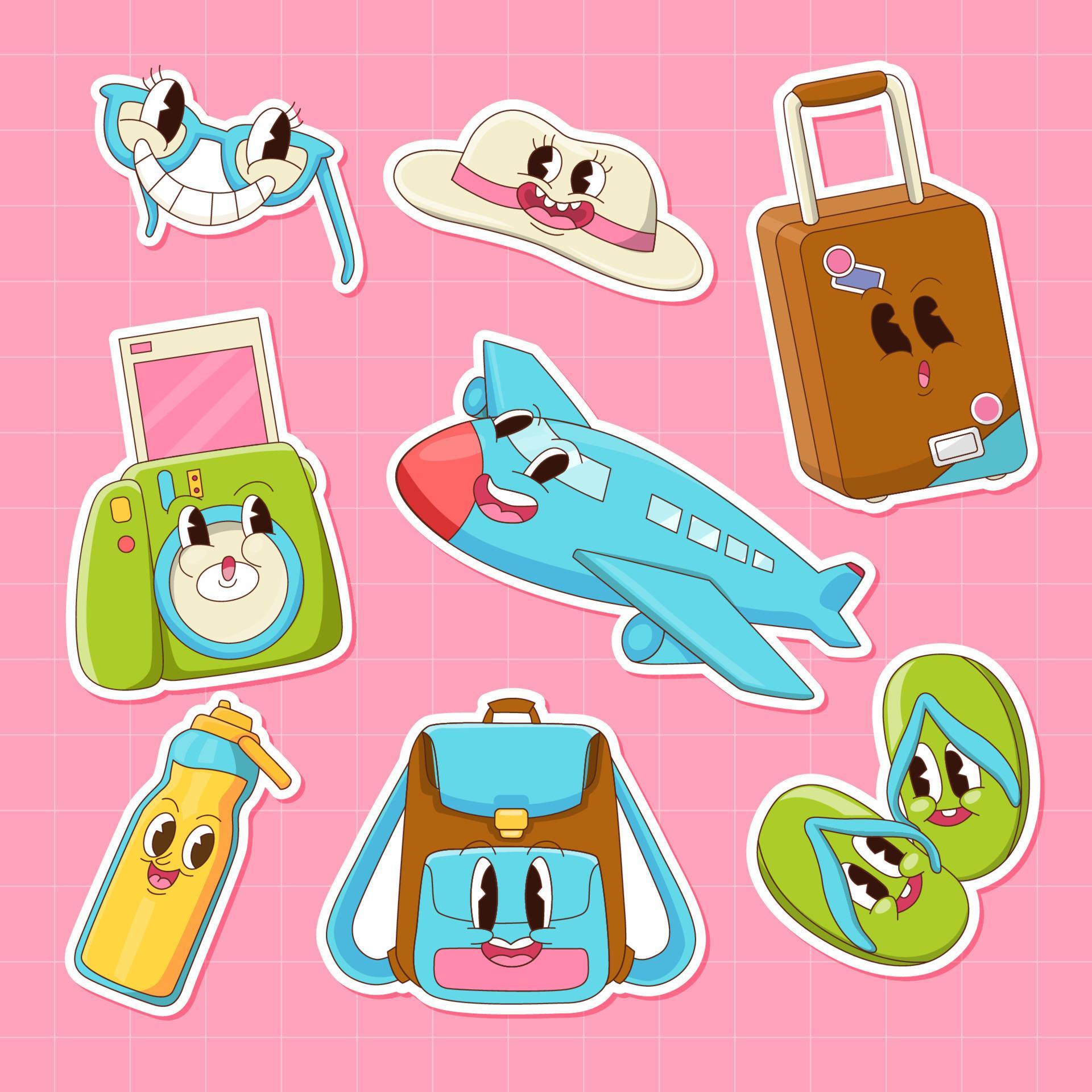 Line Art chunky Hippie Retro hippie stickers, psychedelic groovy set bundle elements. Cute ...