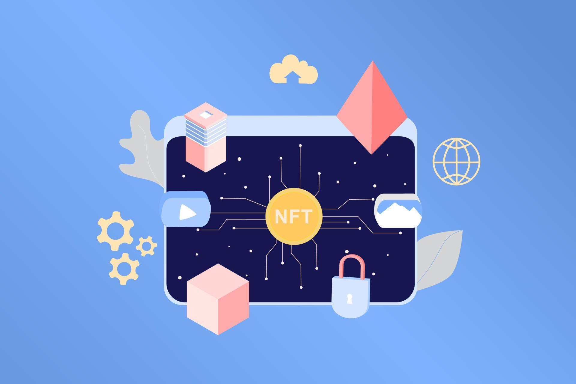 Infografía de token no fungible nft con red de líneas y puntos. paga por un coleccionable único ...