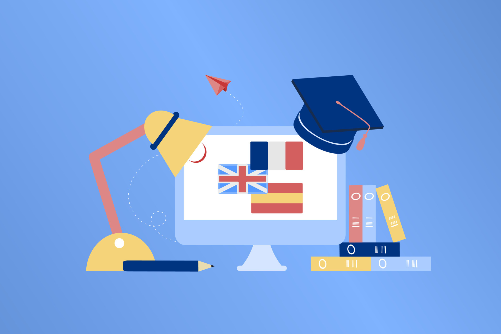 Modern 3D online languages learning class, language courses banner ...