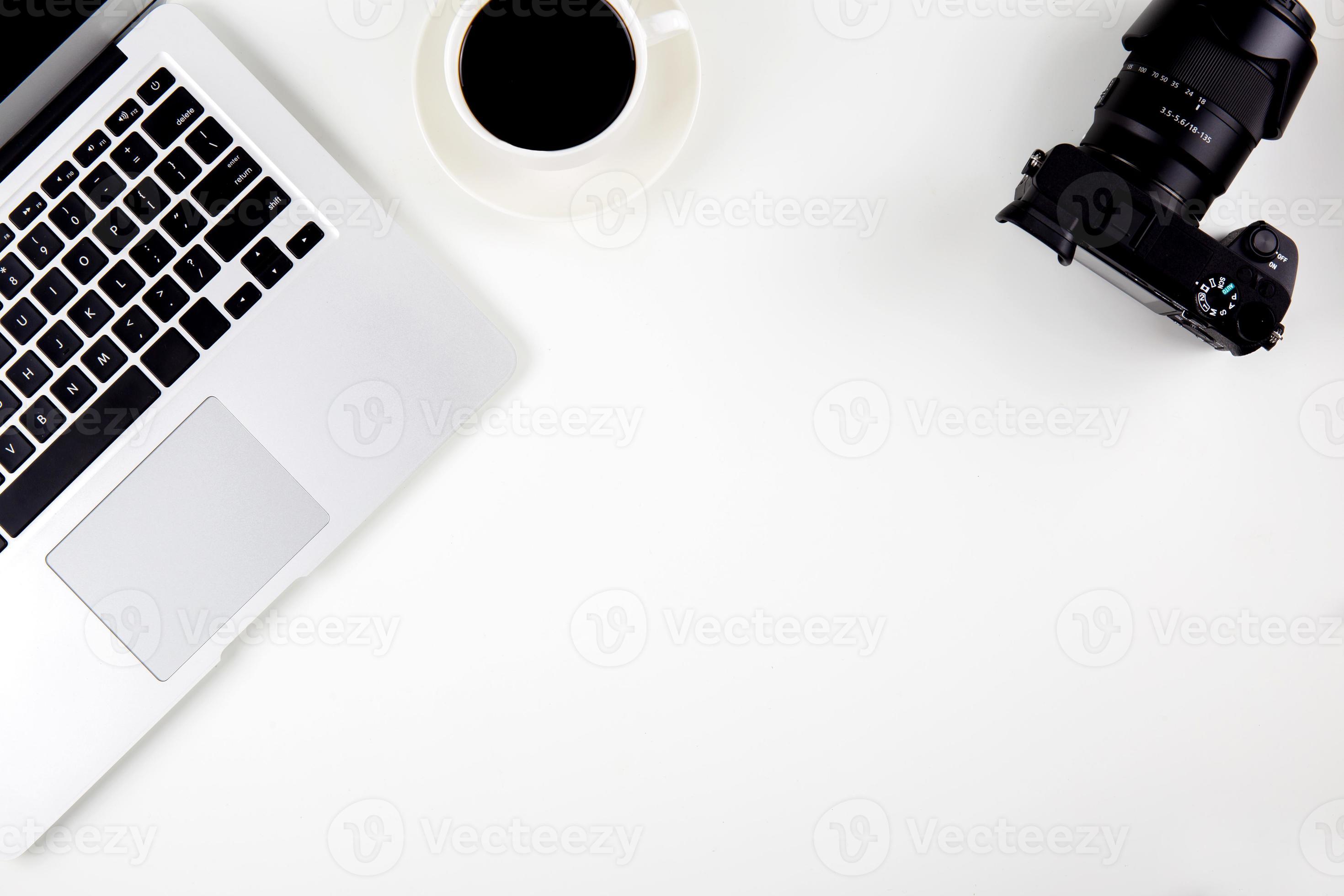 Top view laptop with open display screen monitor, mouse and notepad and ...