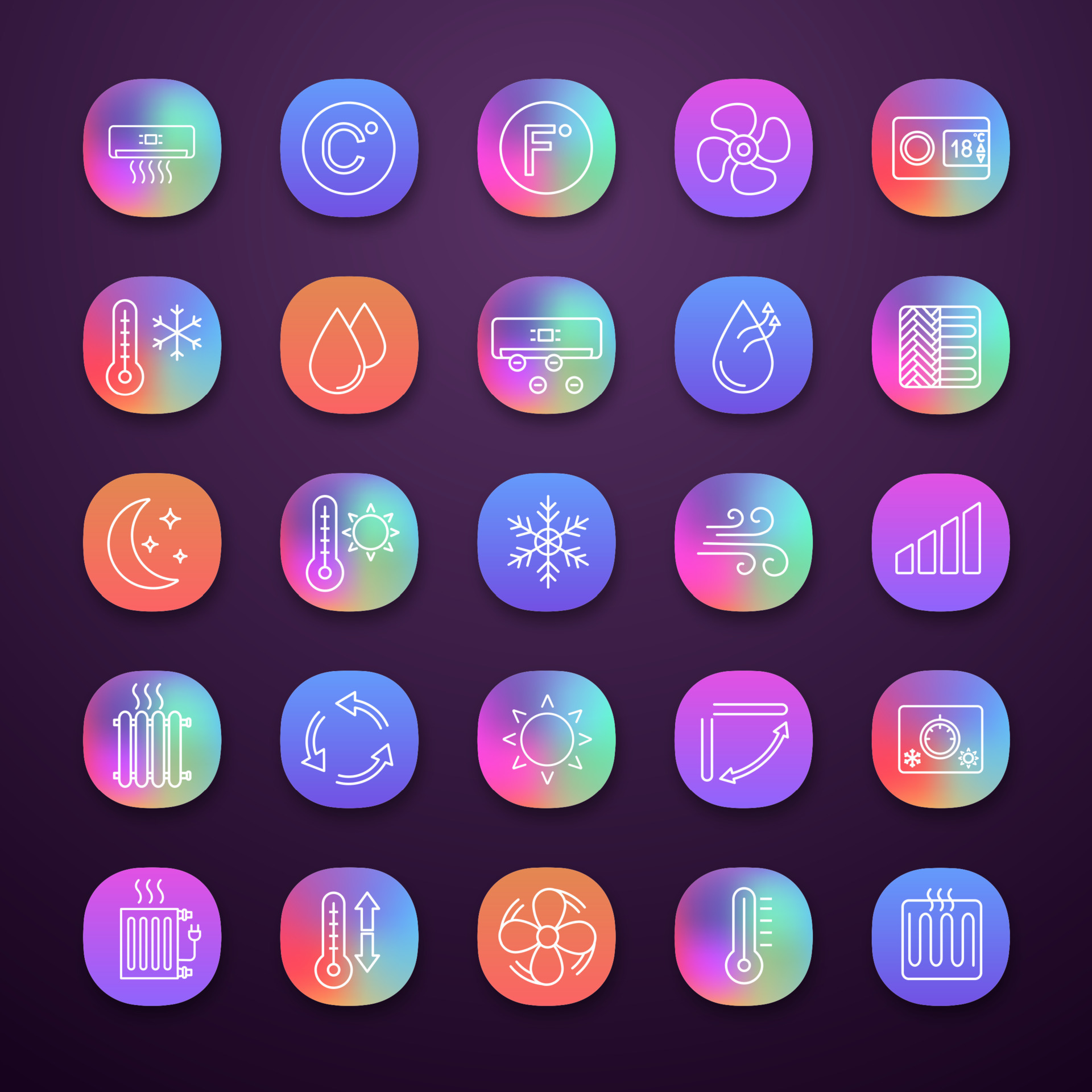 Air Conditioning App Icons Set Air Heating Humidification Ionization