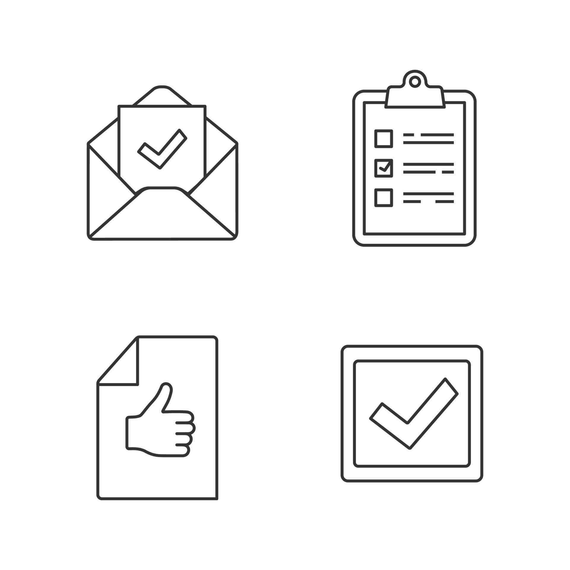 Approve linear icons set. Verification and validation. Task planning, email confirmation ...