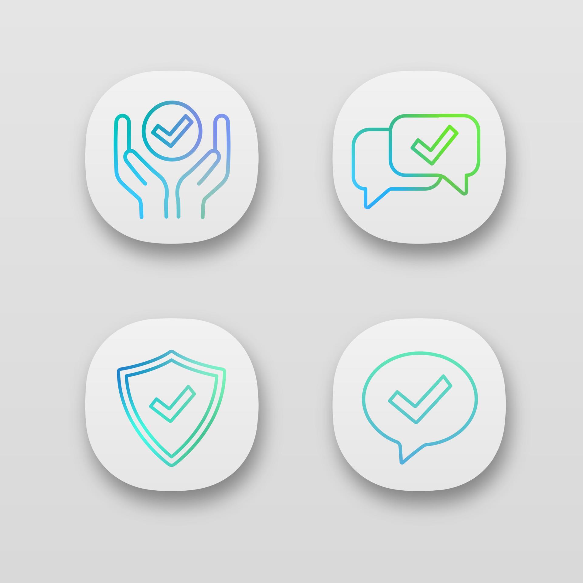 Approve app icons set. Verification and validation. Quality service, approved chat, confirmation ...