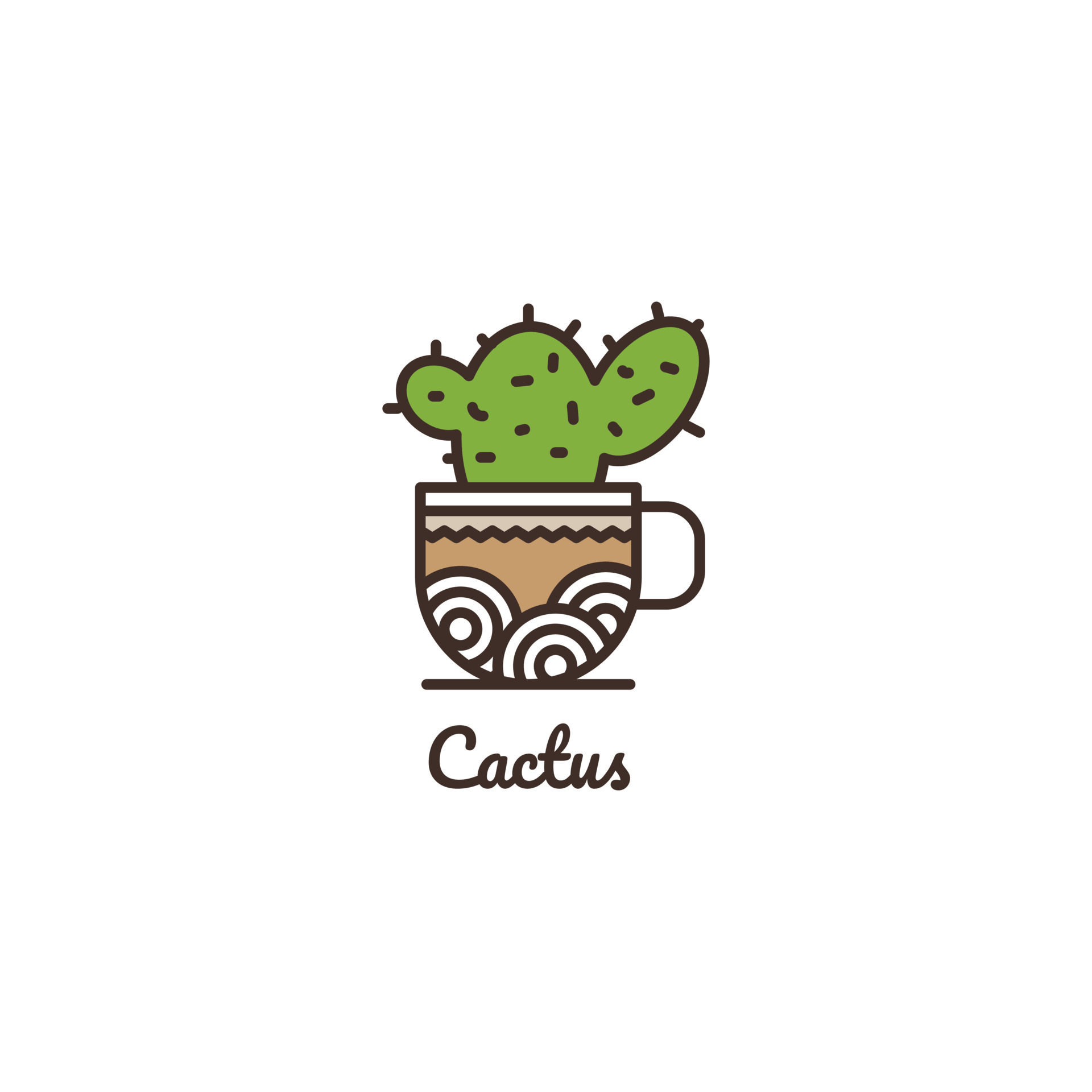 Green Plant Cactus Logo Design With Brown Cup Vector Suitable For Cafe