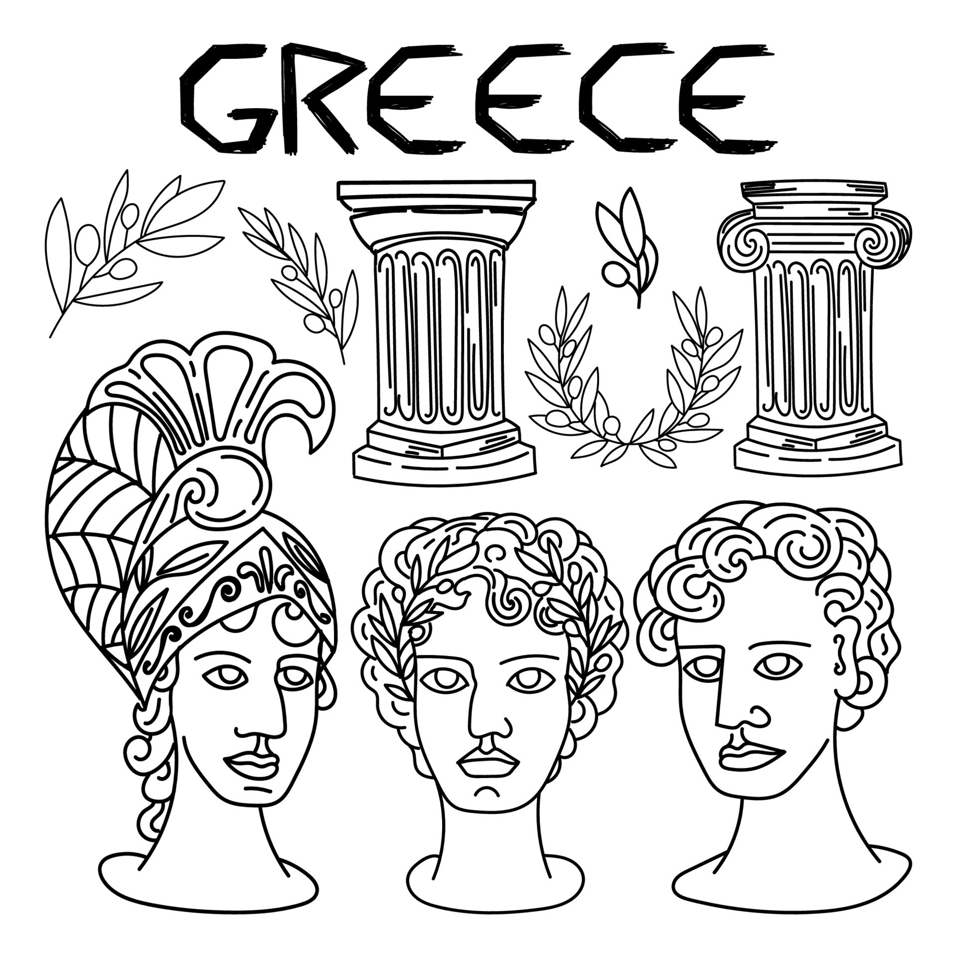 Set of ancient classical statues of ancient Greece, hand-drawn doodle ...