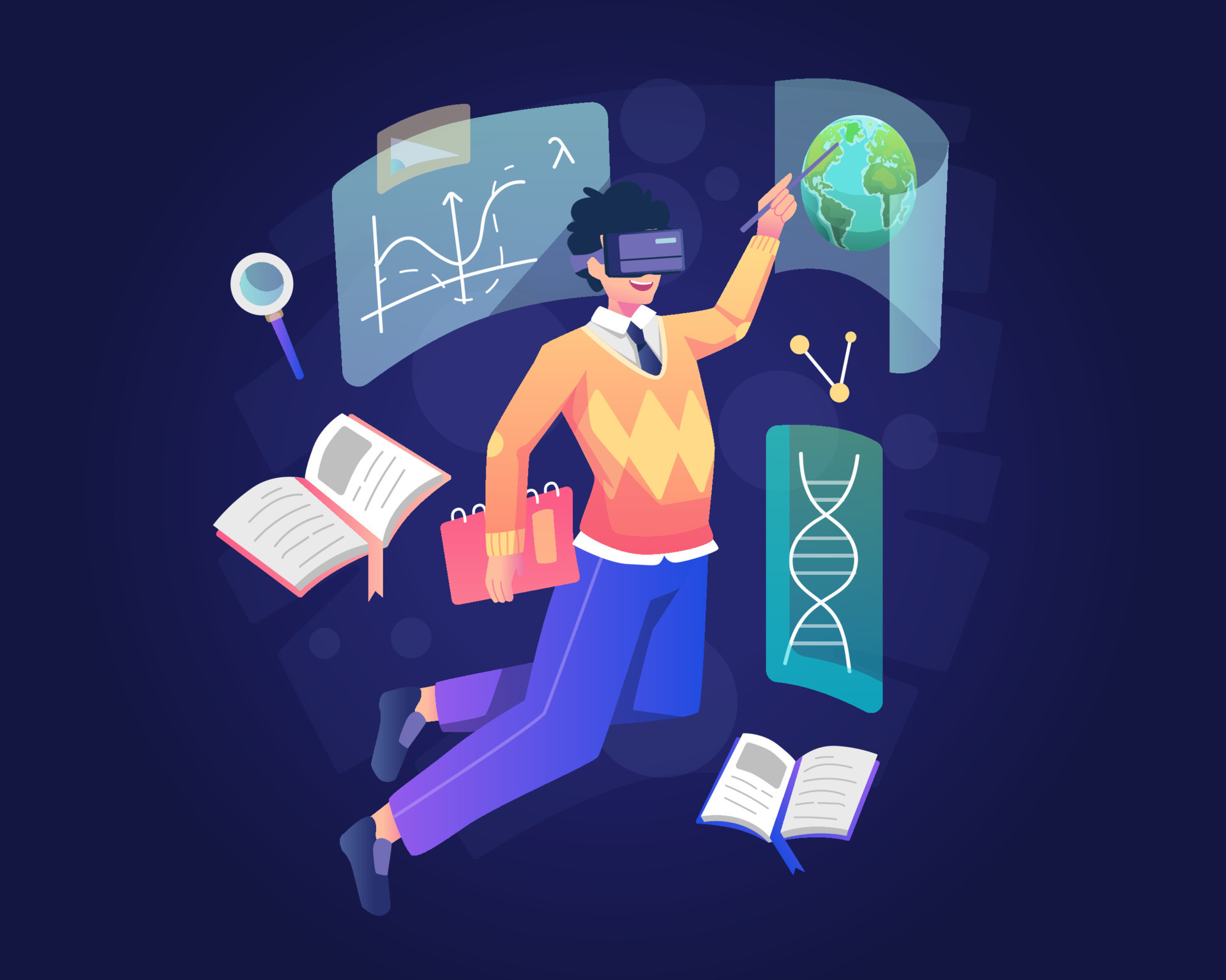 A male student is studying with wearing a VR Headset. Virtual Reality ... A male student is studying with wearing a VR Headset. Virtual Reality ...