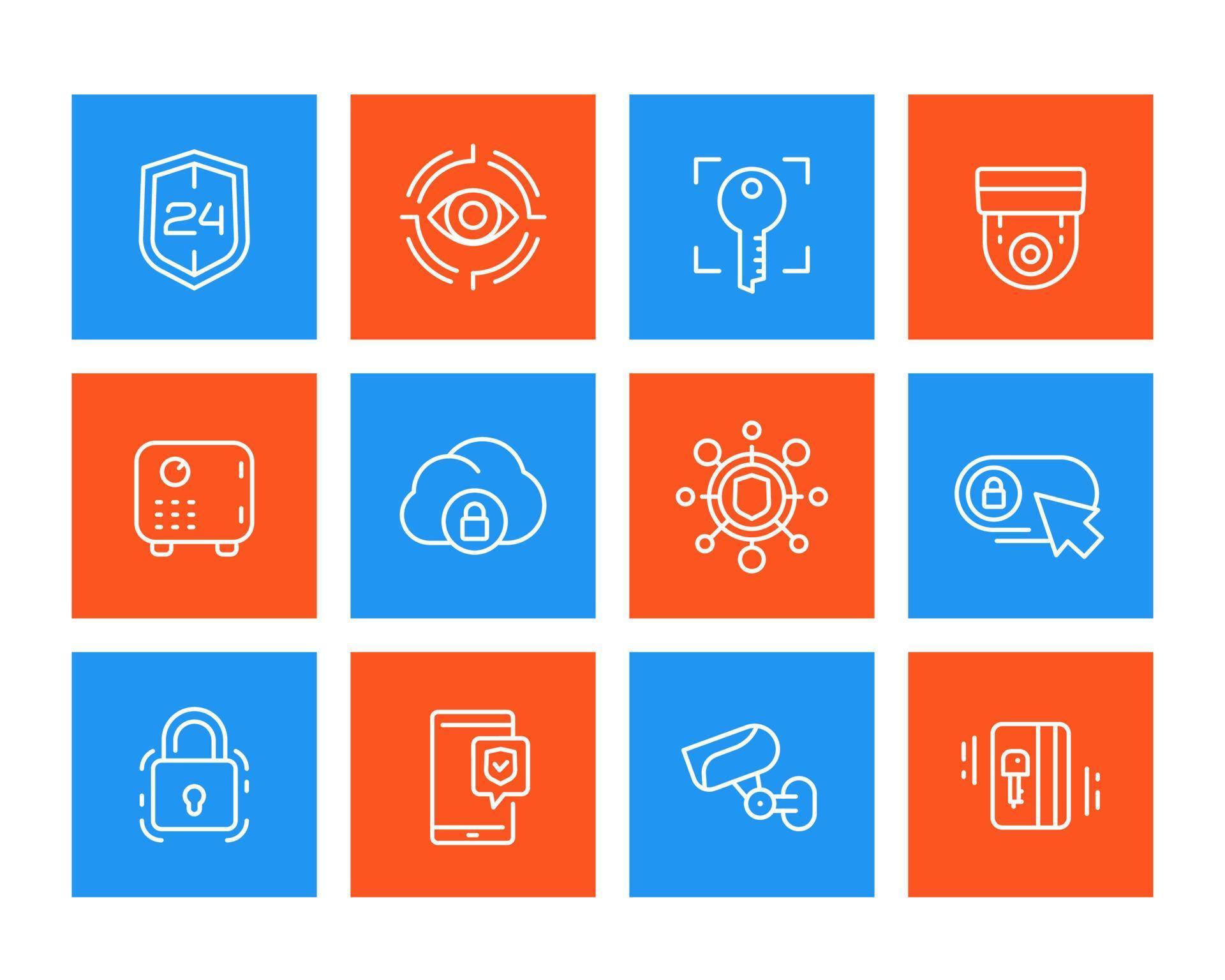 Security line icons set, video surveillance, biometric scan, secure ...