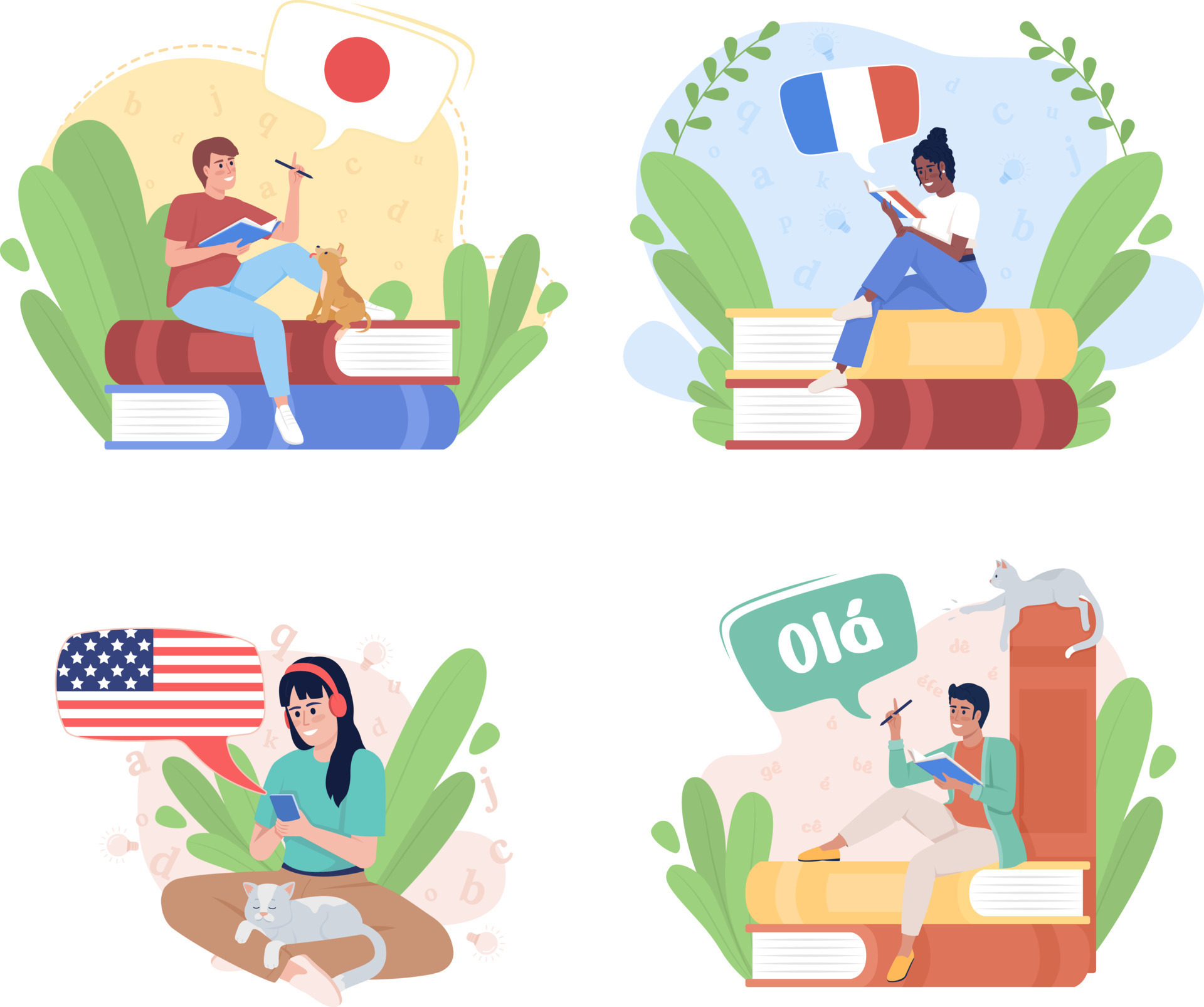 Exciting about learning language 2D vector isolated illustration set ...