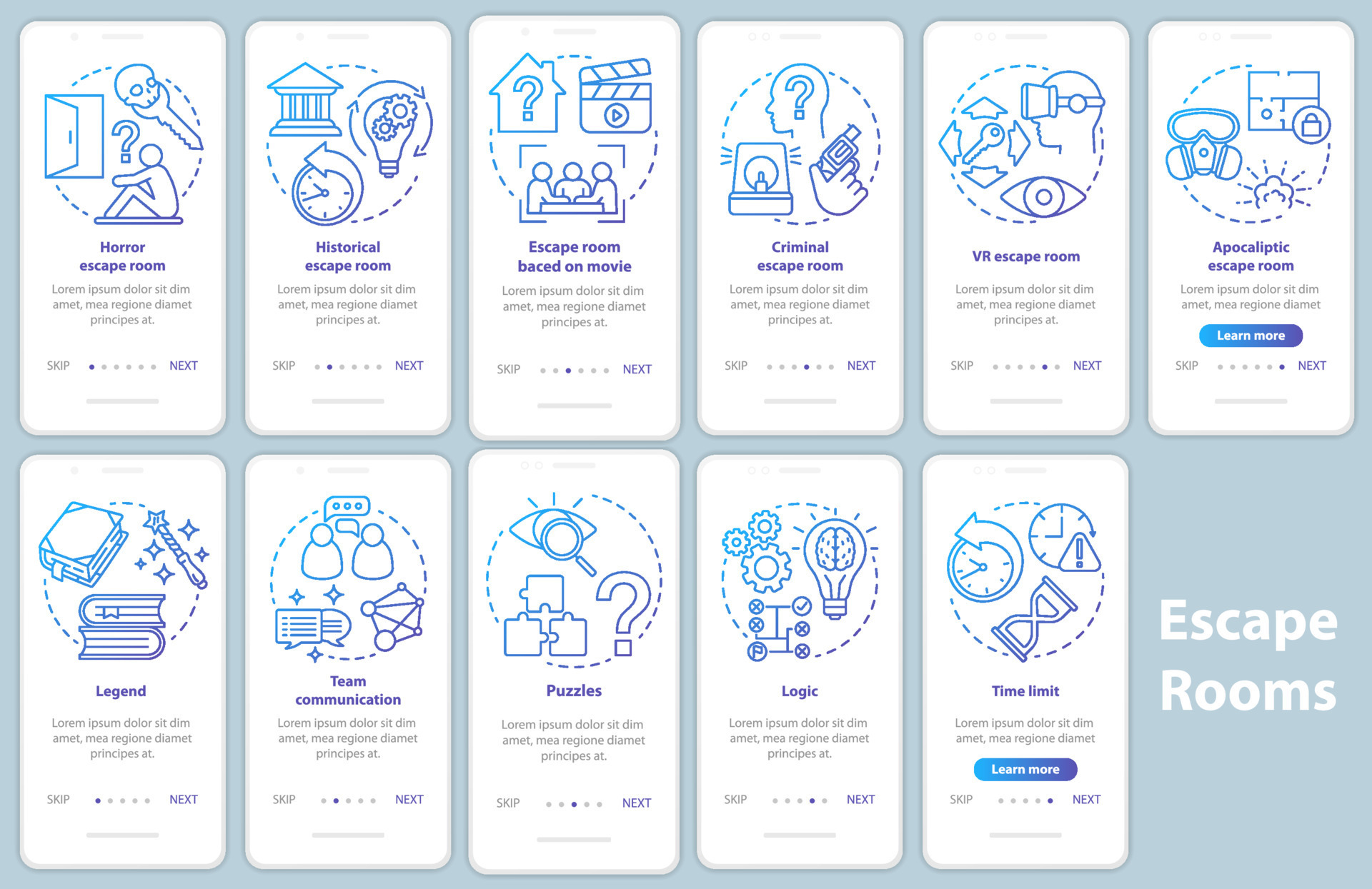 Escape Room Onboarding Mobile App Page Screen Set With Linear Concepts