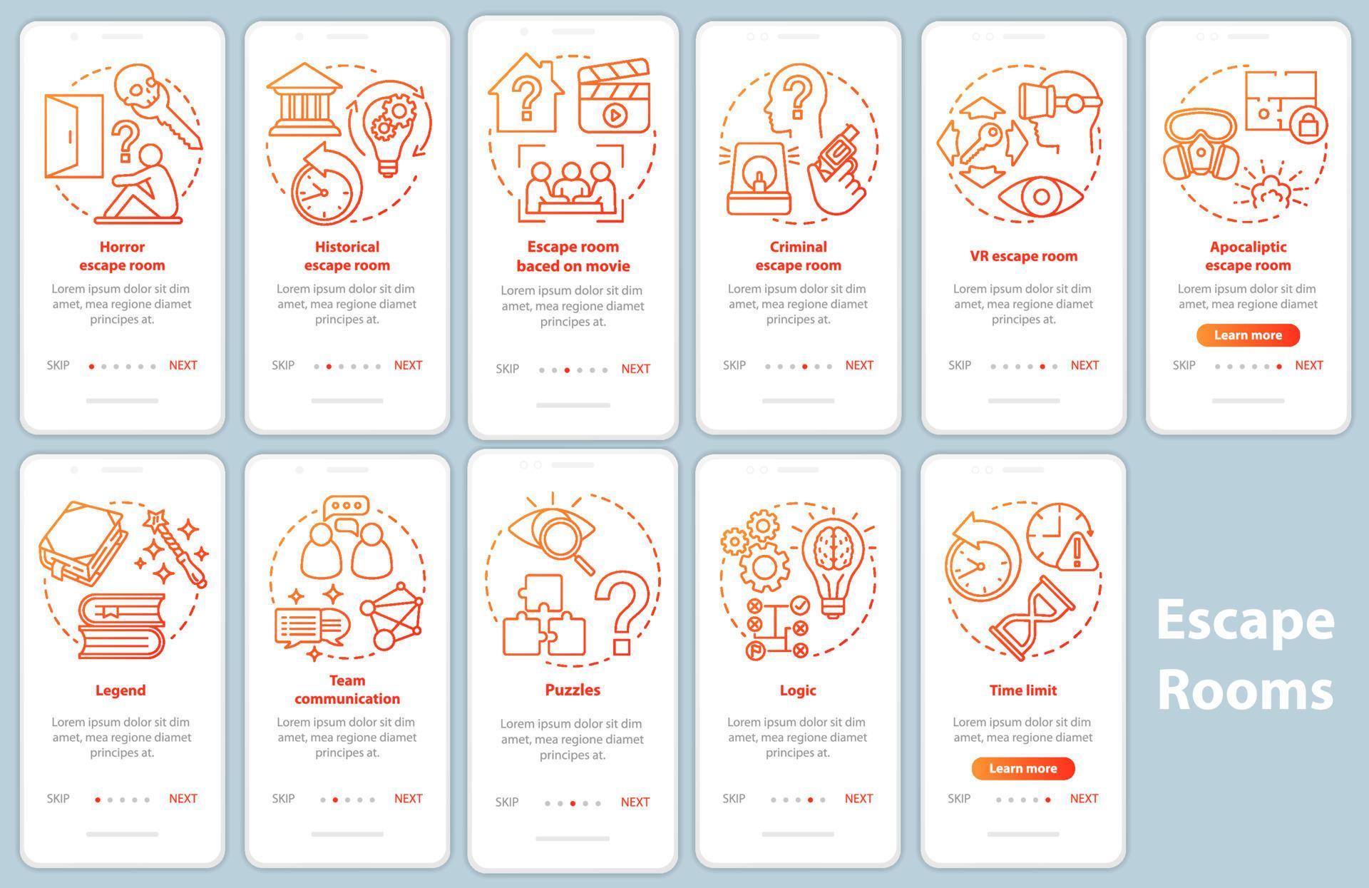 Escape room onboarding mobile app page screen set with linear concepts ...