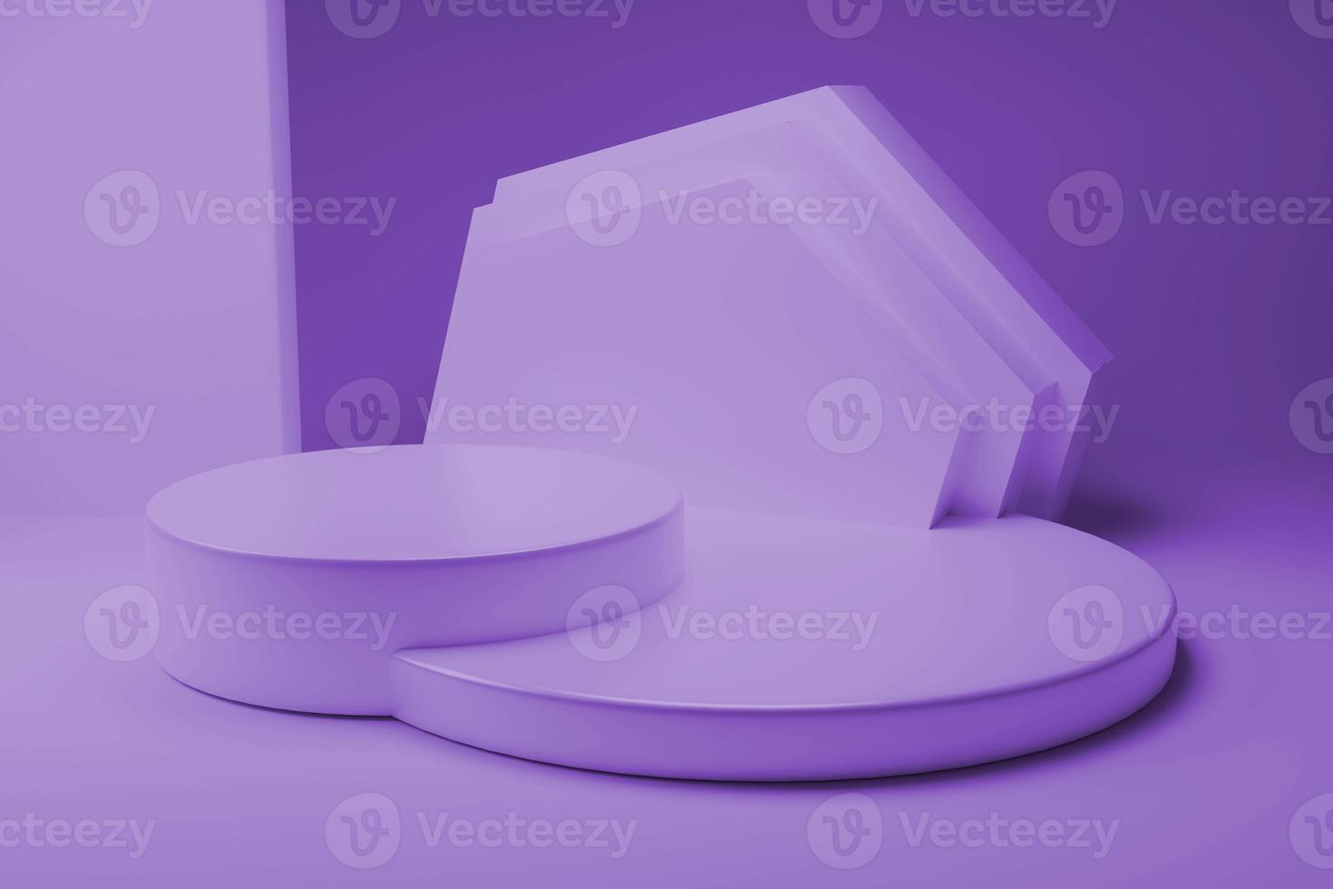 3d rendering product display mockup. Purple colour empty cylinder shape podiums with half ...