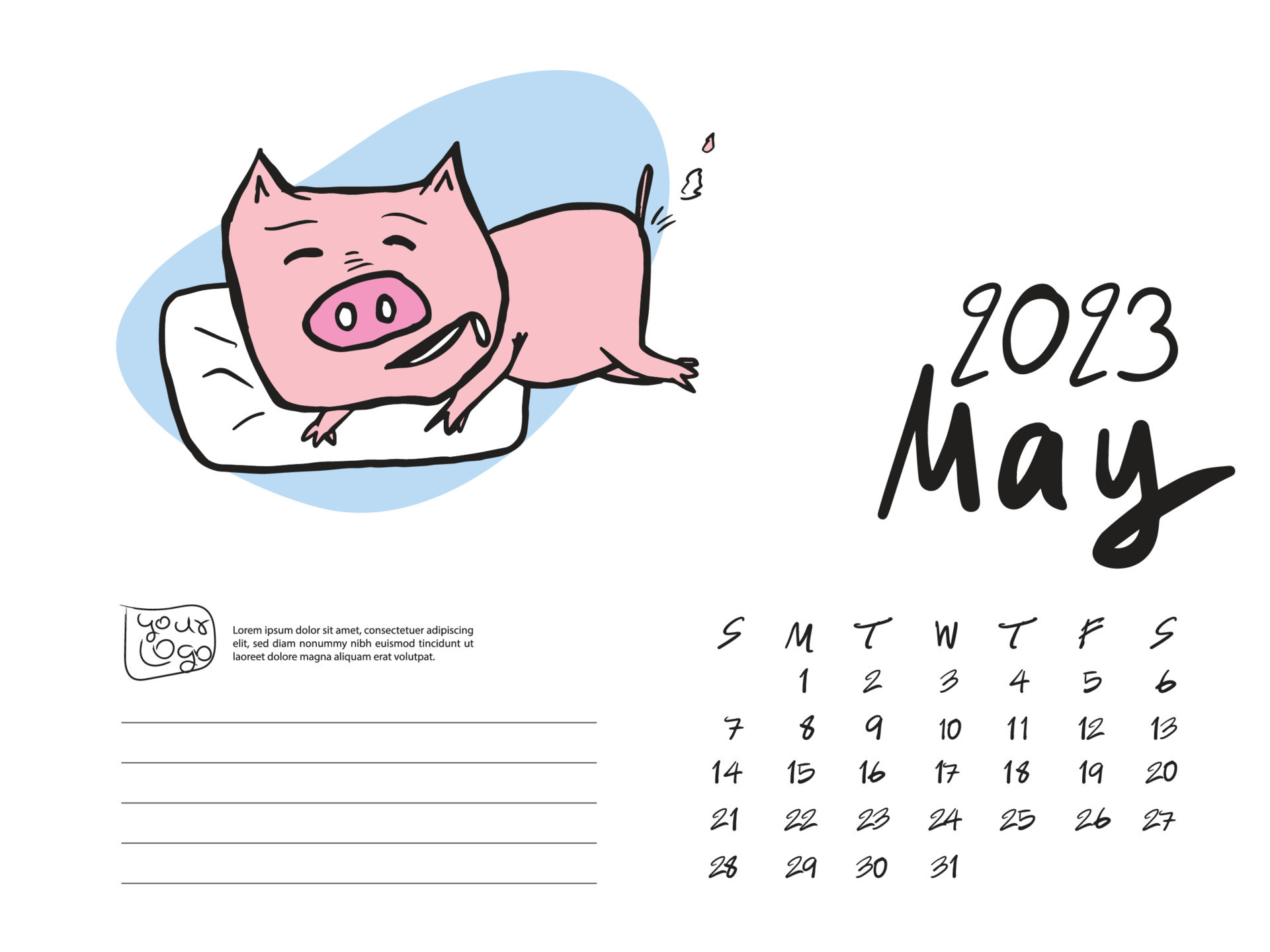 Calendar 2023 design template with Cute Pig vector illustration, May ... Calendar 2023 design template with Cute Pig vector illustration, May ...