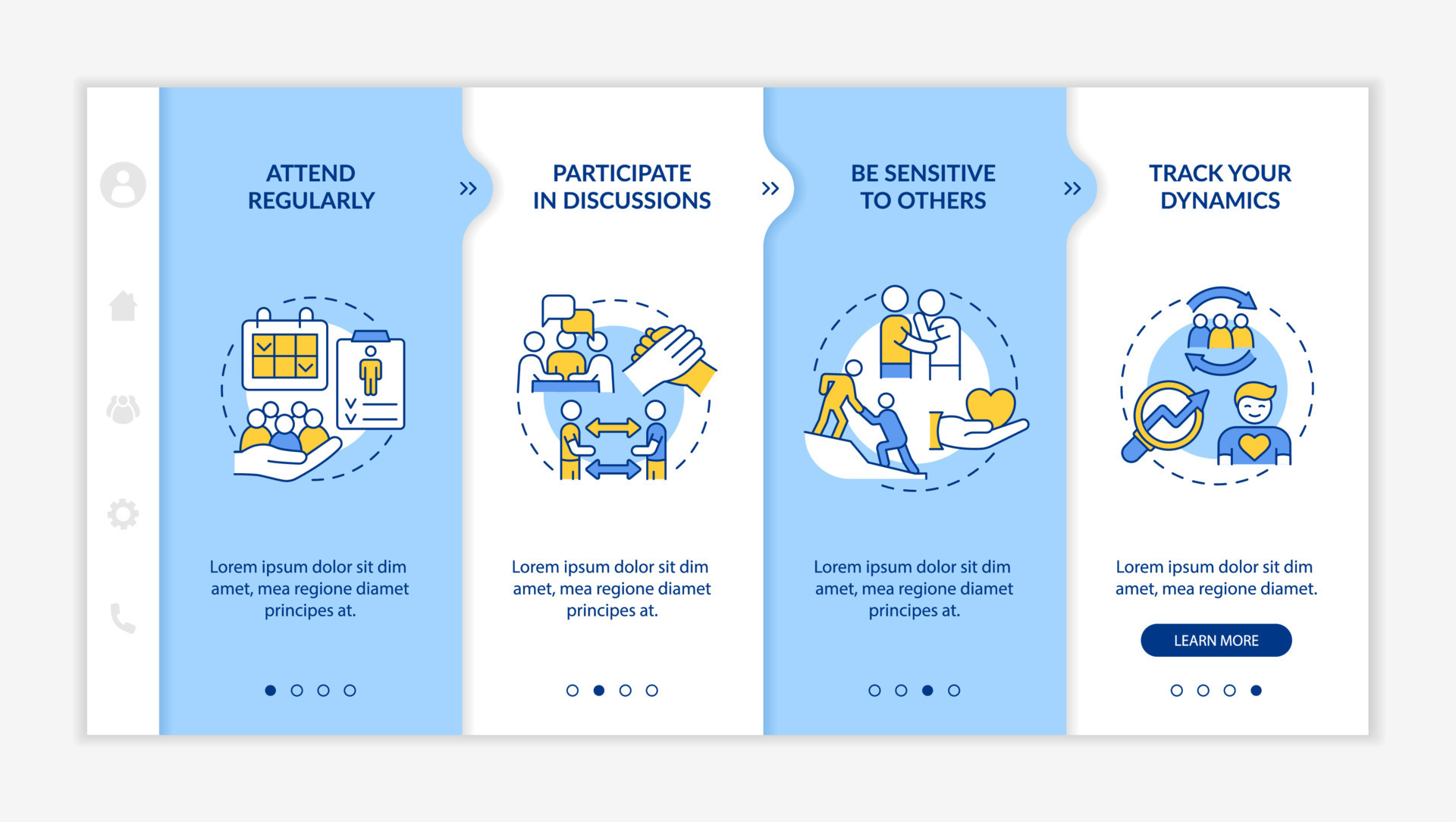Support Group Visit Effectiveness Blue And White Onboarding Template Responsive Mobile Website