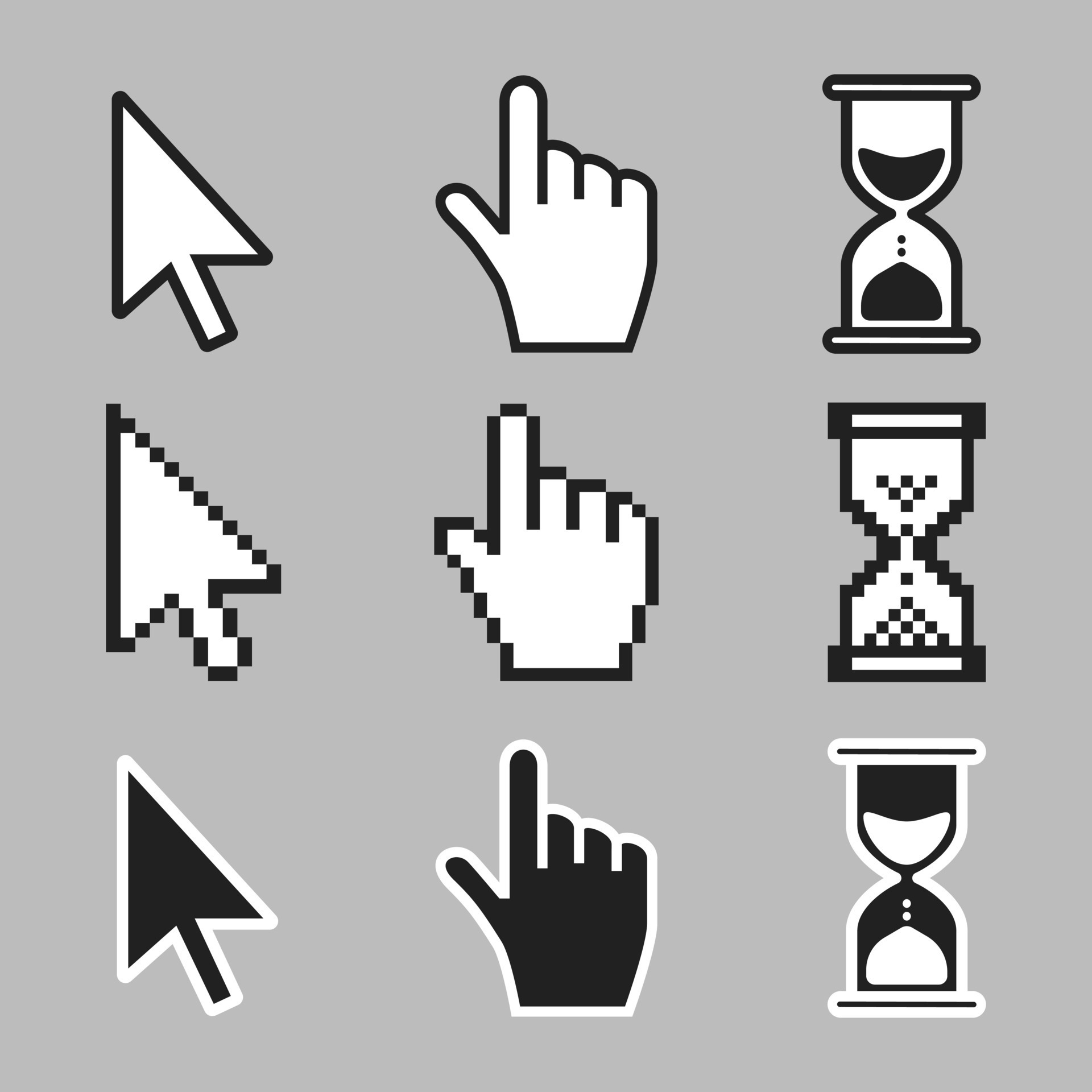 Pointer hand, arrow and hourglass loading clock mouse cursors 7627452 Vector Art at Vecteezy