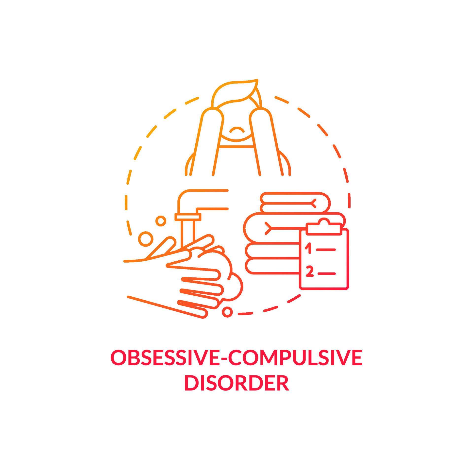 Obsessive-compulsive disorder red gradient concept icon. Intrusive thoughts. Compulsive cleaning ...
