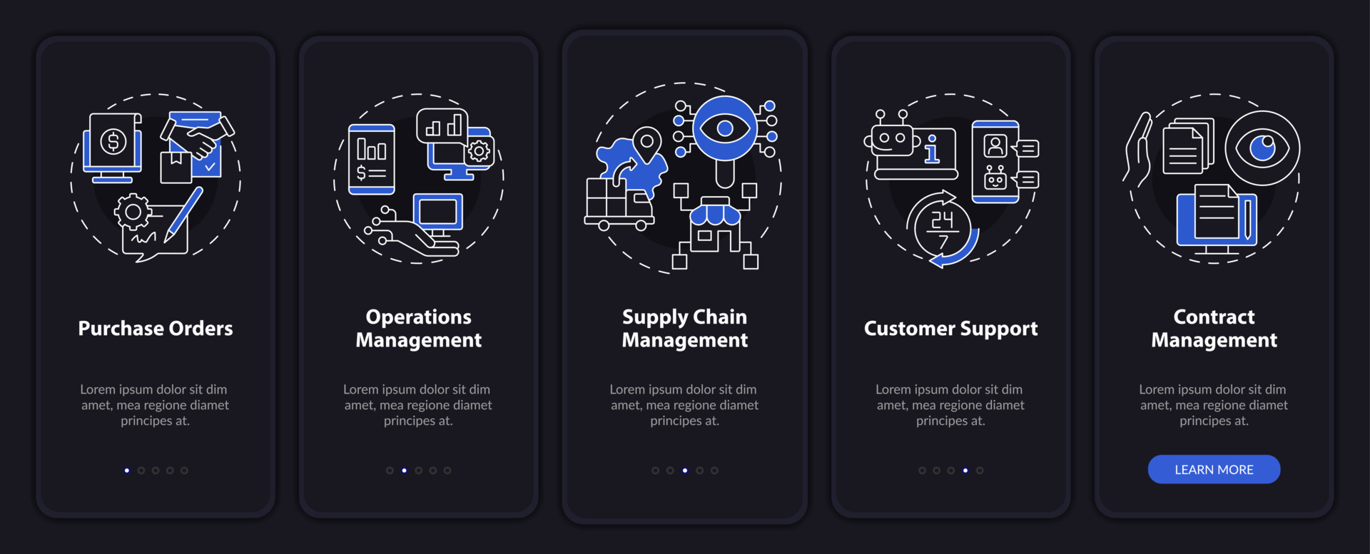 Business automation night mode onboarding mobile app screen ...