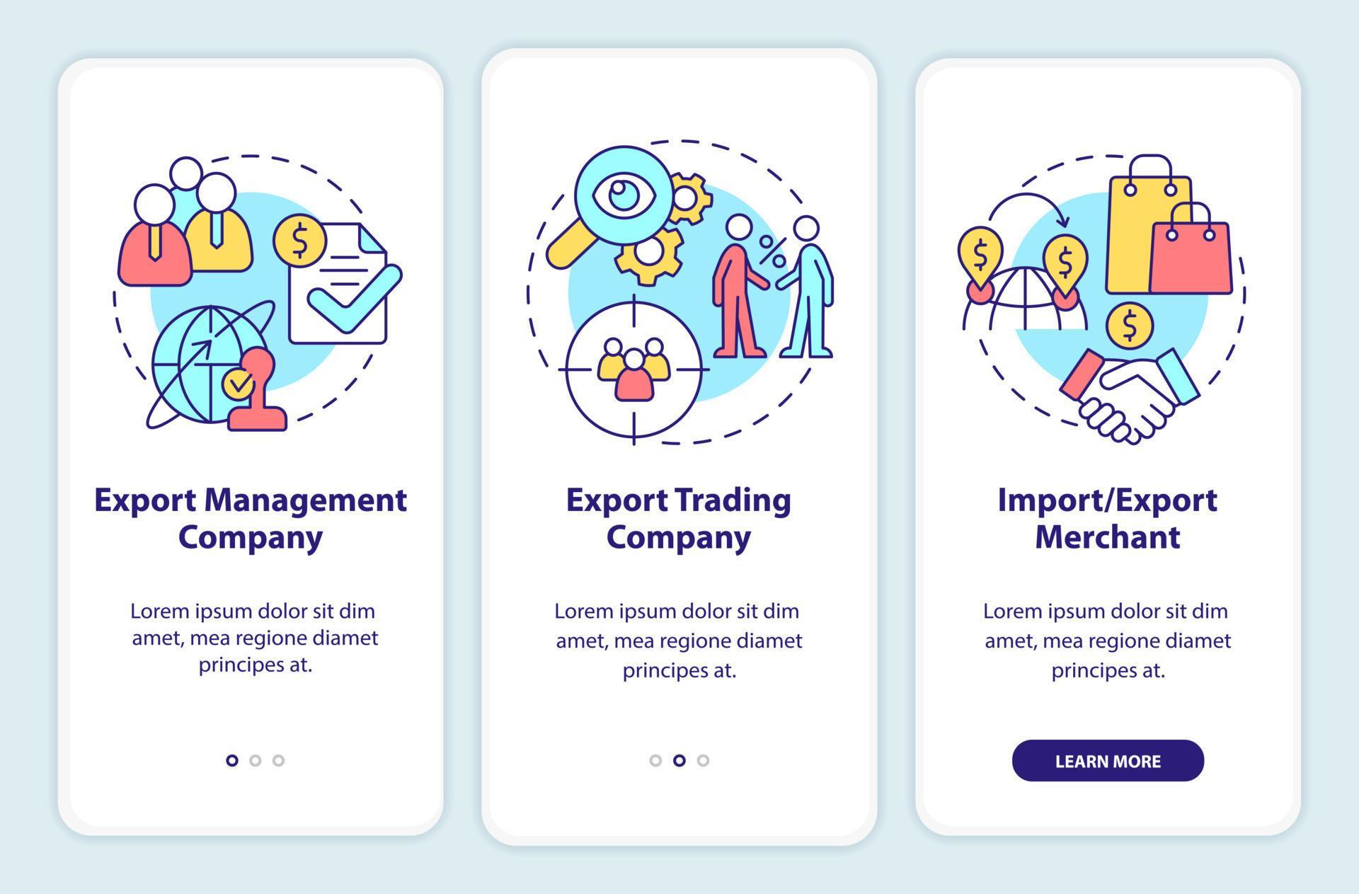 Types of import and export business onboarding mobile app screen ...