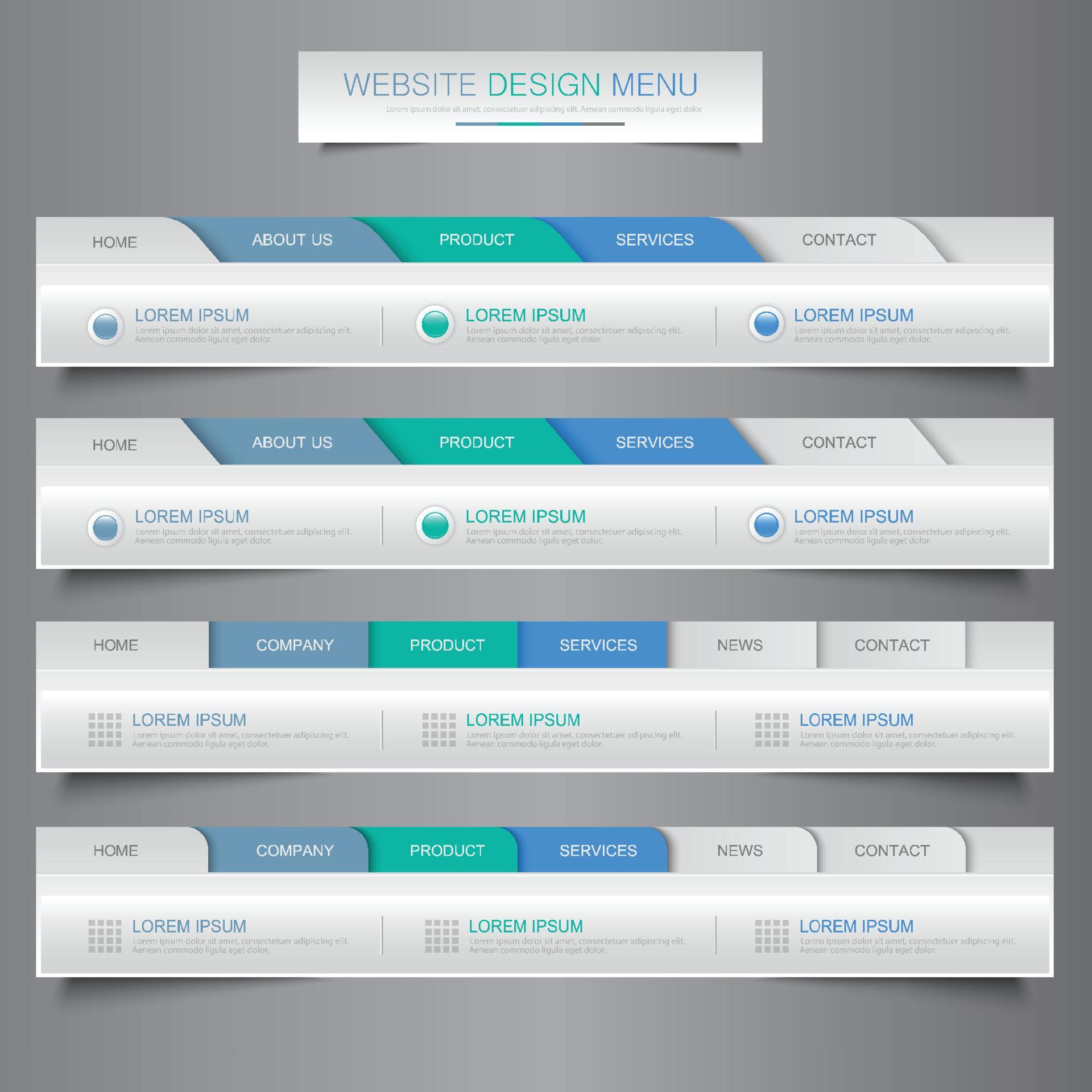 Web site design menu navigation elements with icons set Navigation menu bar vector design ...
