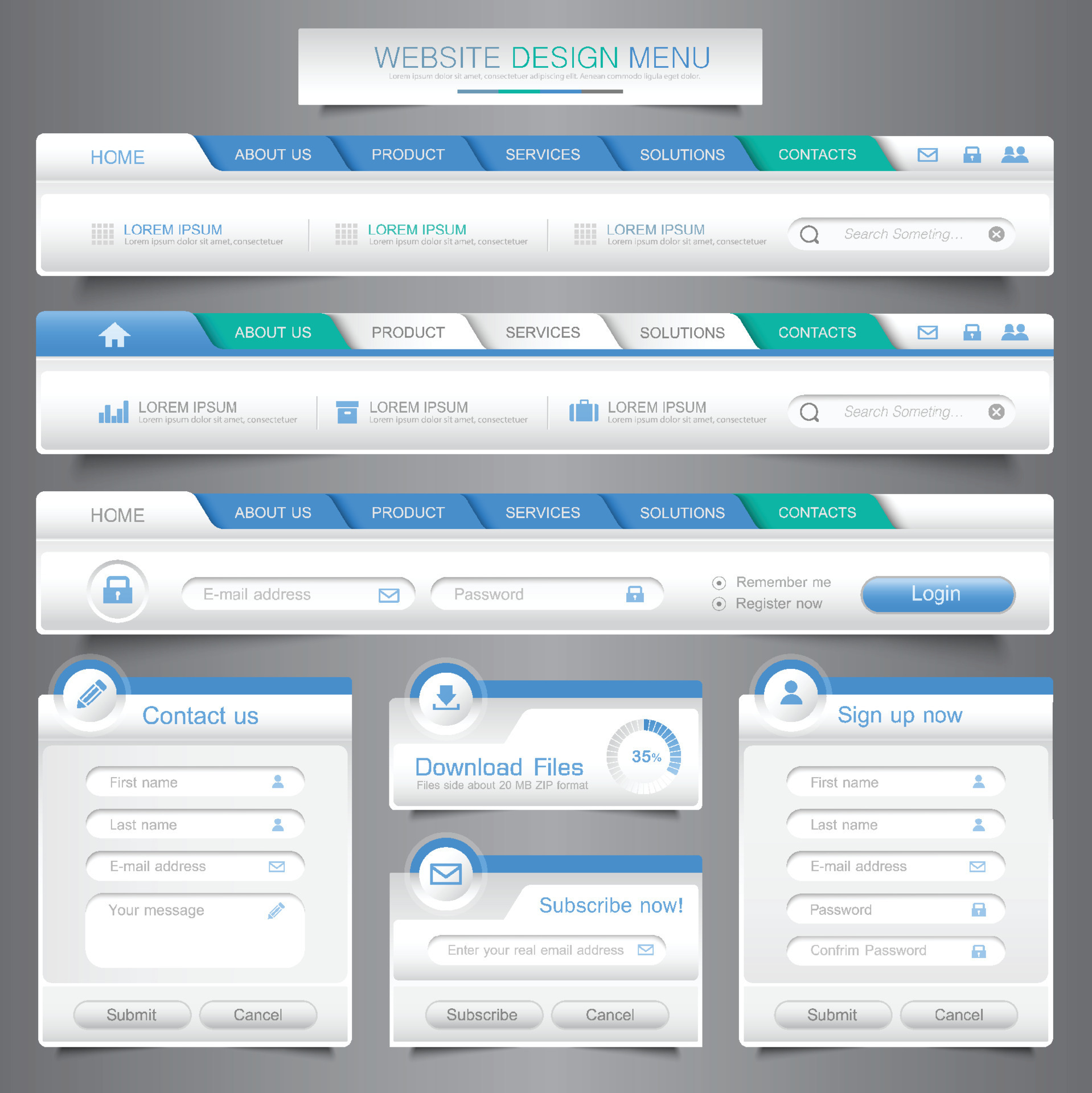 Web site design menu navigation elements with icons set Navigation menu ... Web site design menu navigation elements with icons set Navigation menu ...