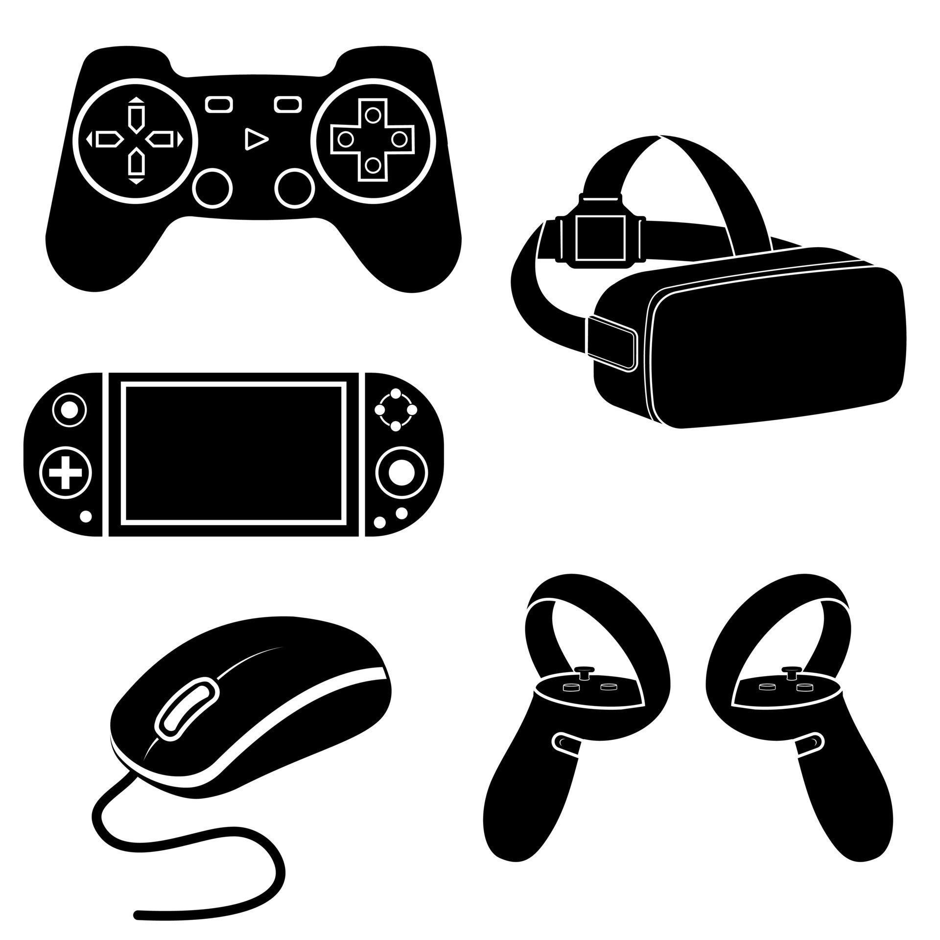 game controller joystick, virtual reality glasses and computer mouse, isolated vector ...