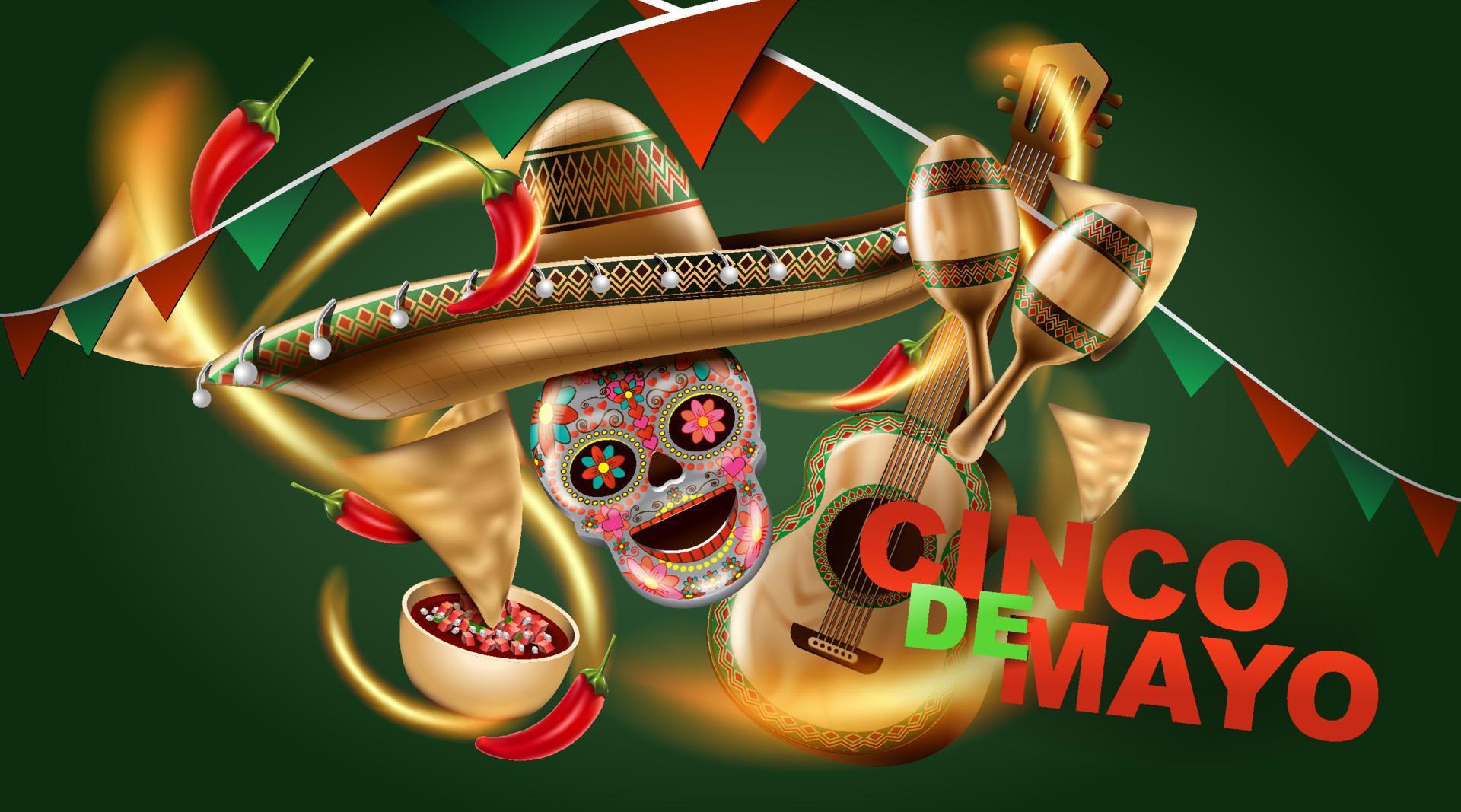 Cinco de Mayo mexican holiday. Sombrero hat, Maracas and Tacos and ...