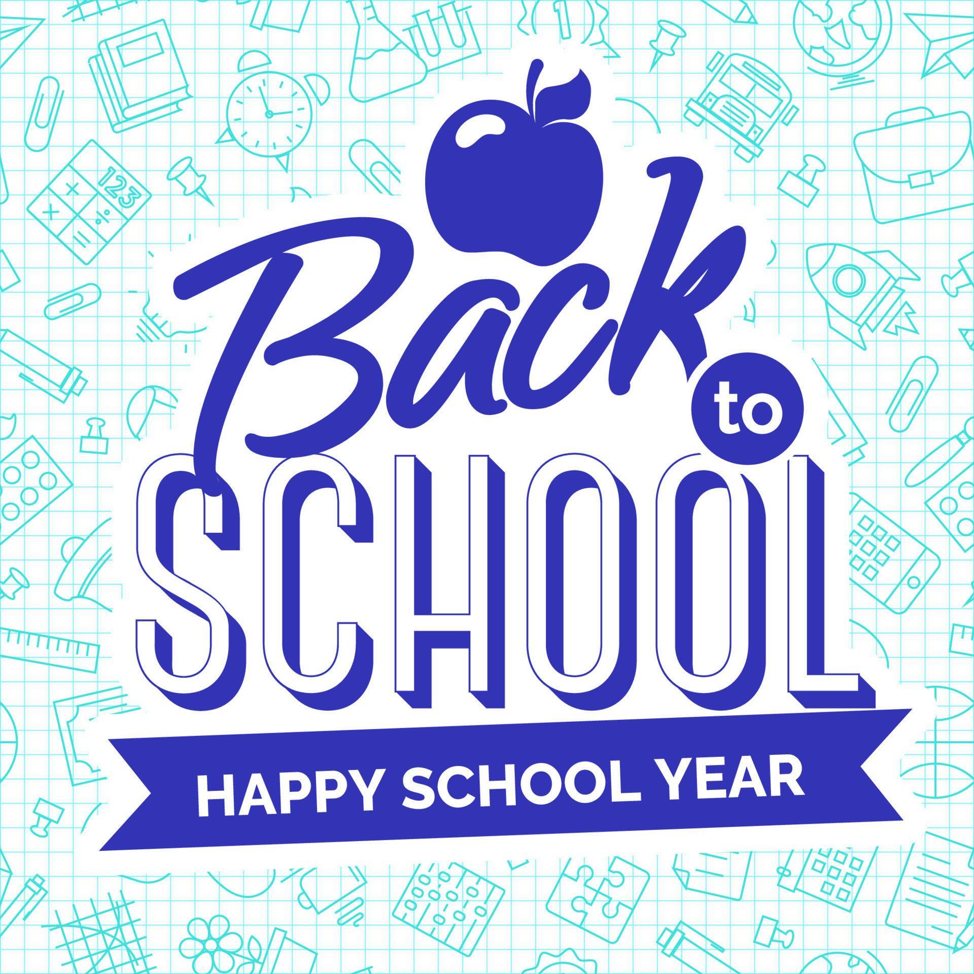 Back to school card with cyan label consisting of apple and ribbon with ...