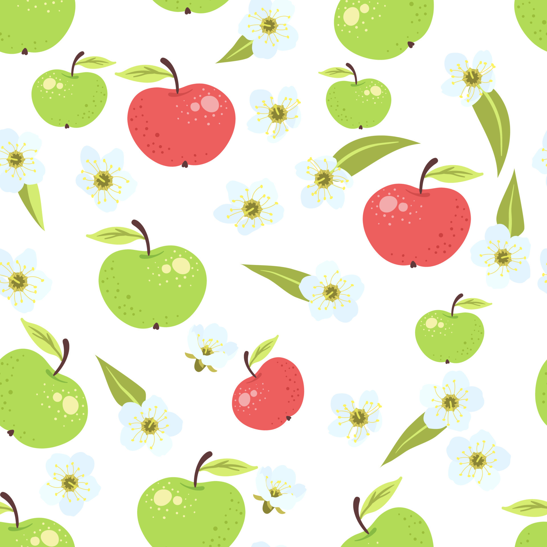 Seamless Cute Red And Green Apple Pattern With Fruits Leaves White