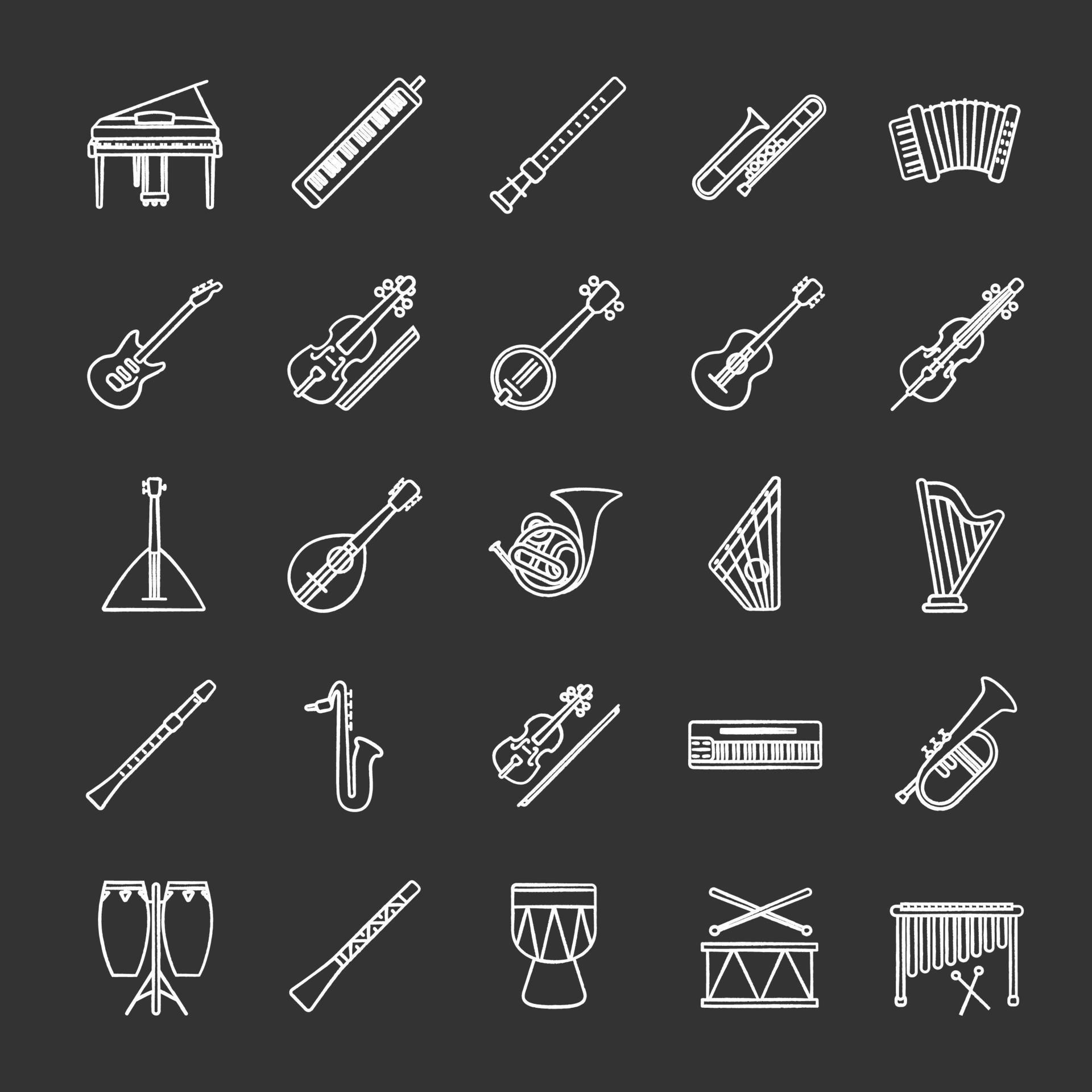 Musical instruments chalk icons set. Orchestra equipment. Stringed ...
