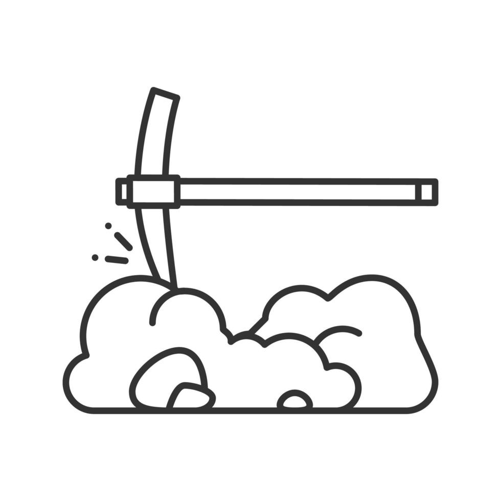 Pick axe breaking rocks linear icon. Thin line illustration. Mining. Navvy pick. Contour symbol ...