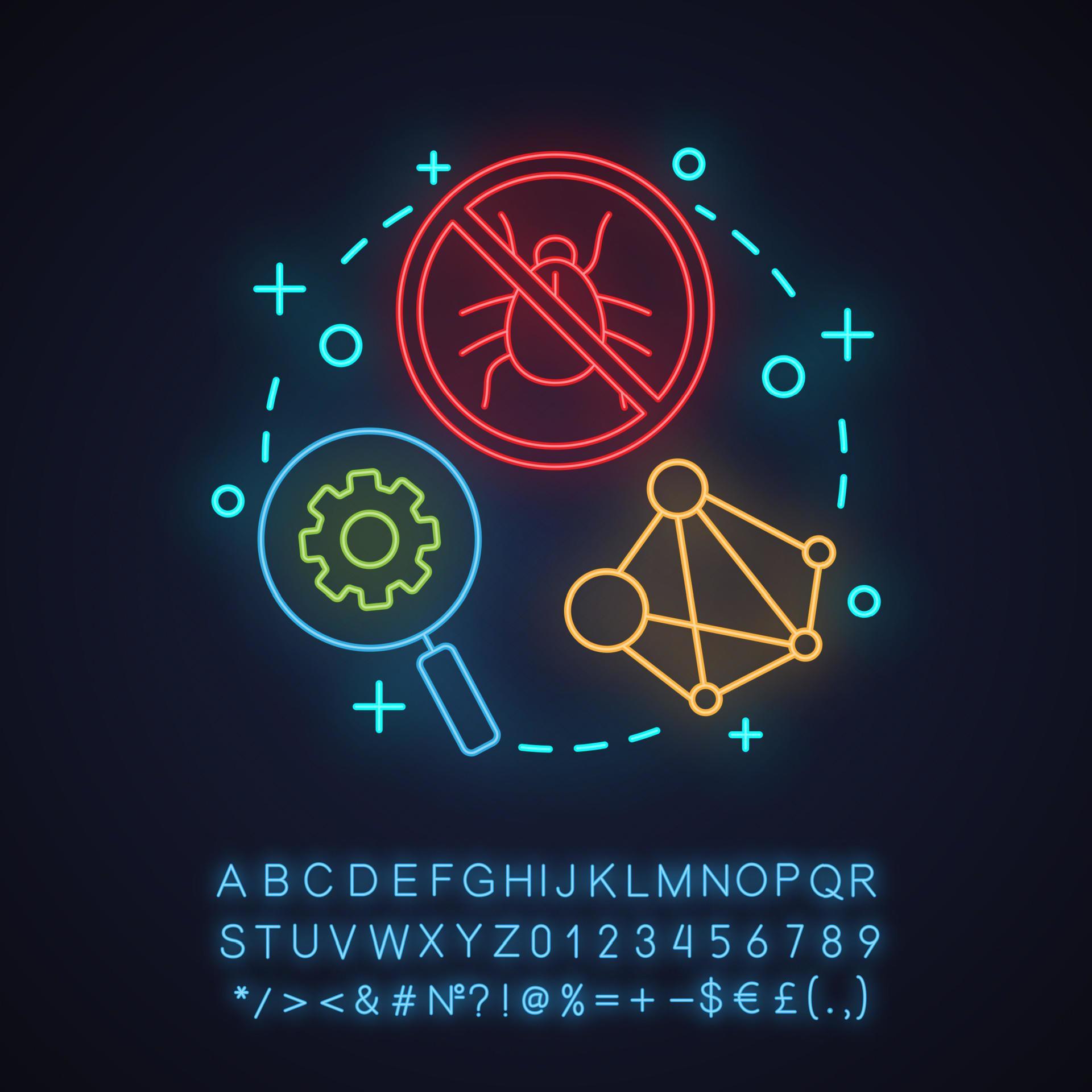 Debugging neon light concept icon. Computer virus idea. Software ...