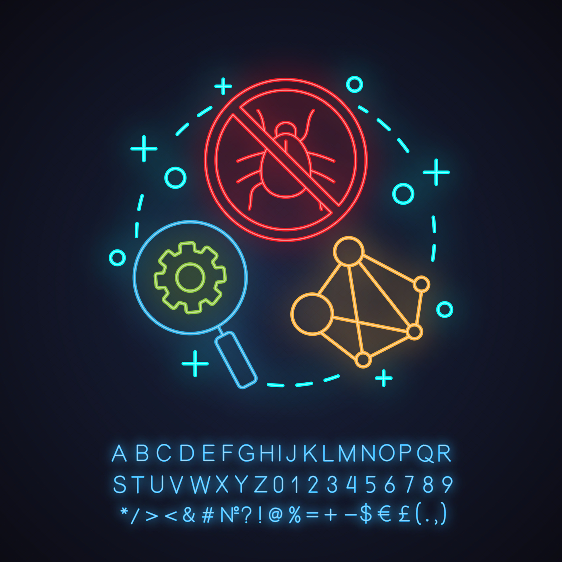 Debugging neon light concept icon. Computer virus idea. Software ...