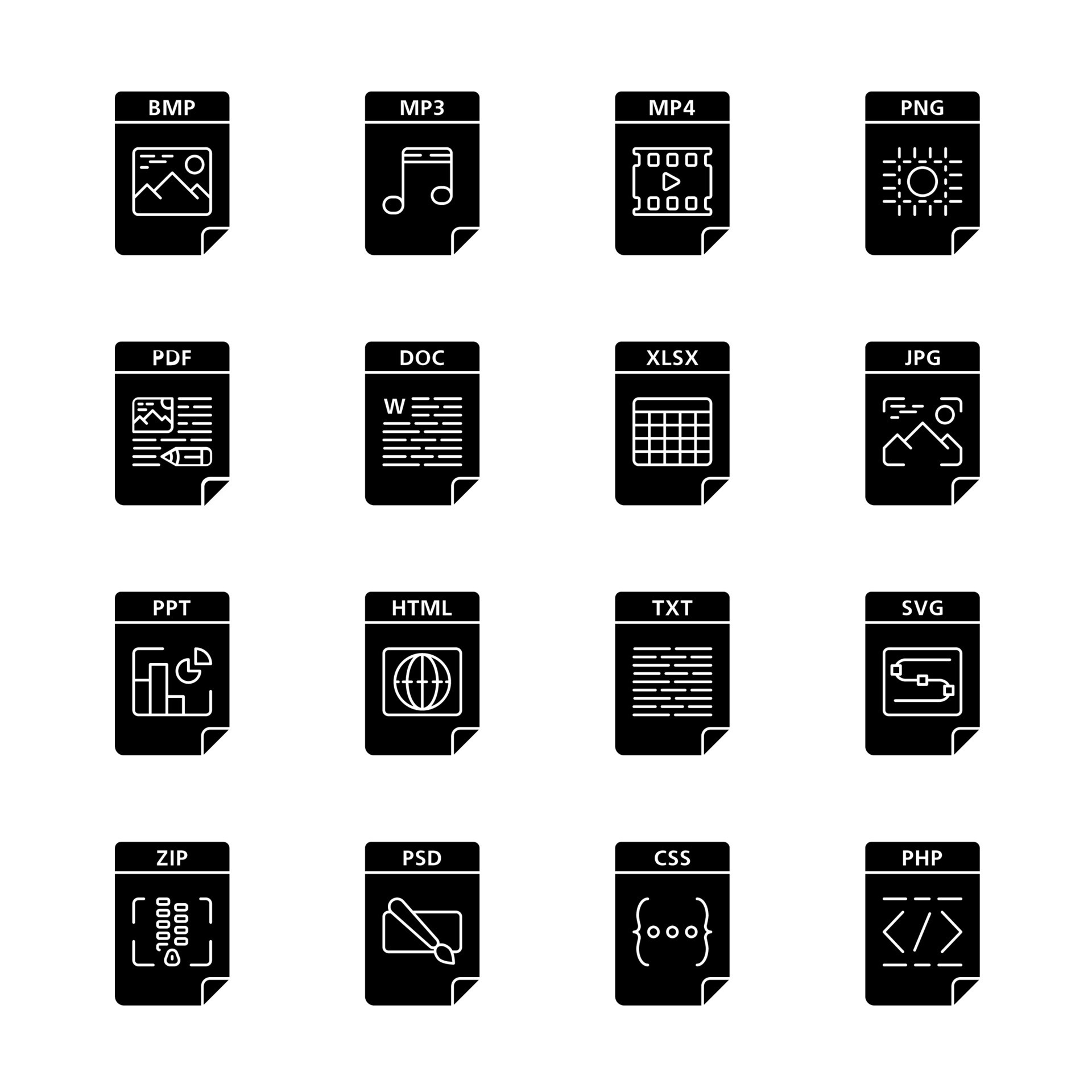 Files format glyph icons set. Multimedia, text, image, web digital files. BMP, MP3, MP4, PNG ...