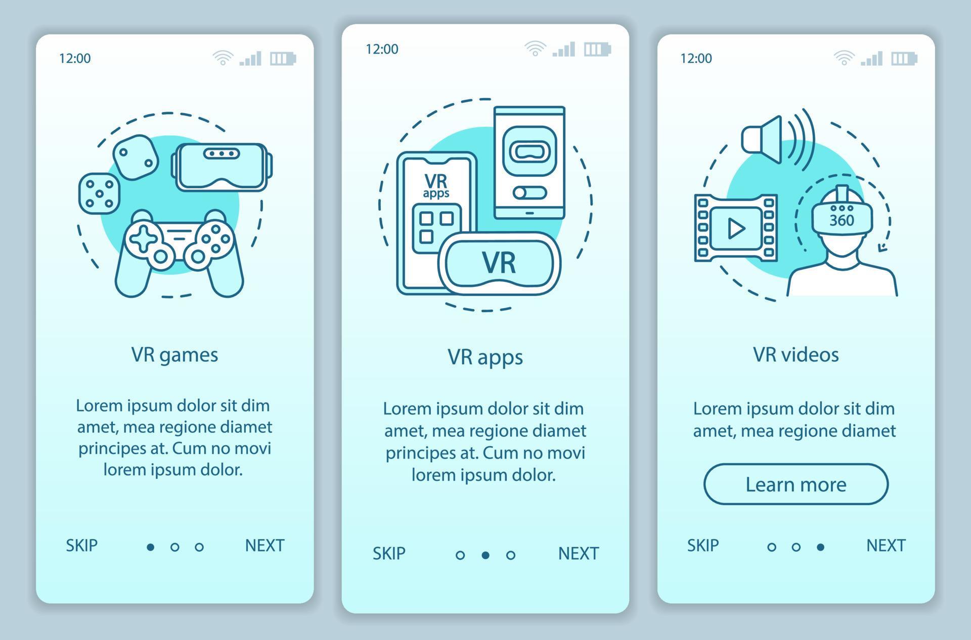 Virtual reality programs onboarding mobile app page screen with linear ...