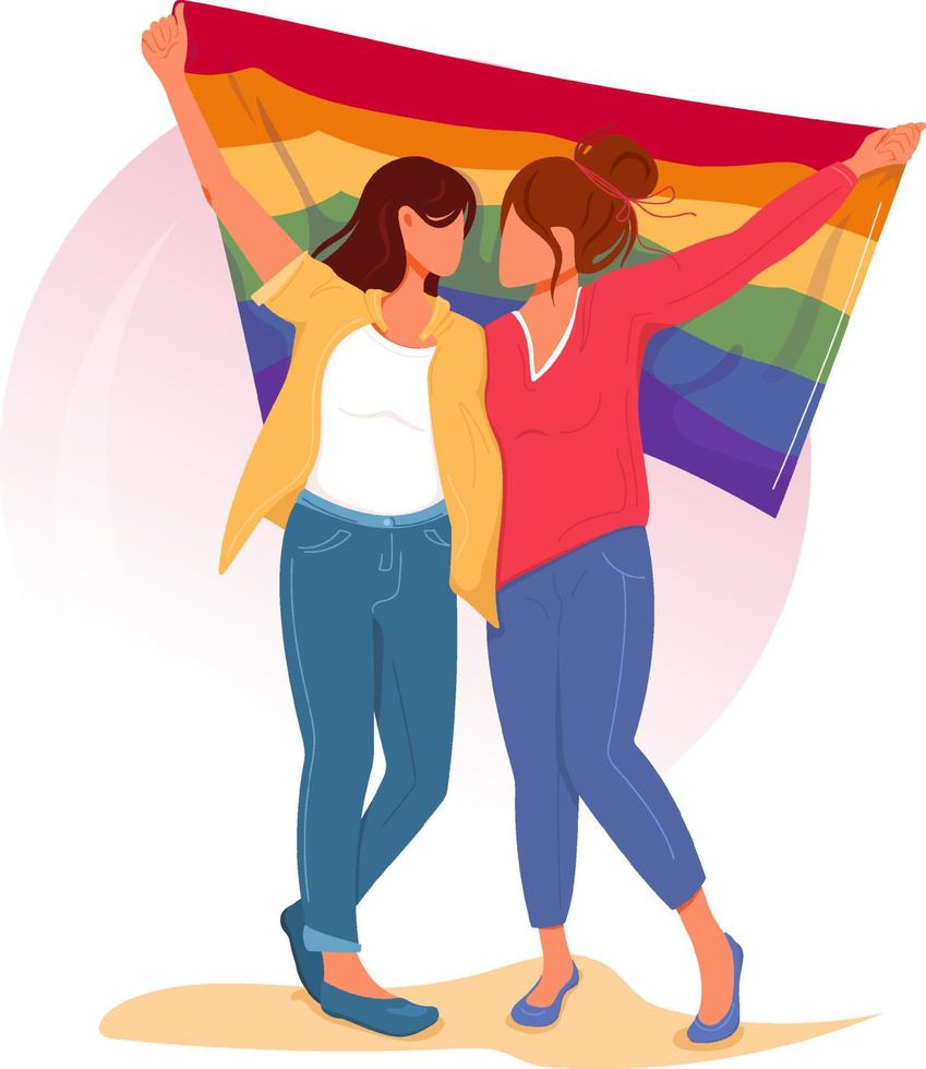 Lesbian Couple Holding Lgbt Rainbow Flag Showing Their Support For