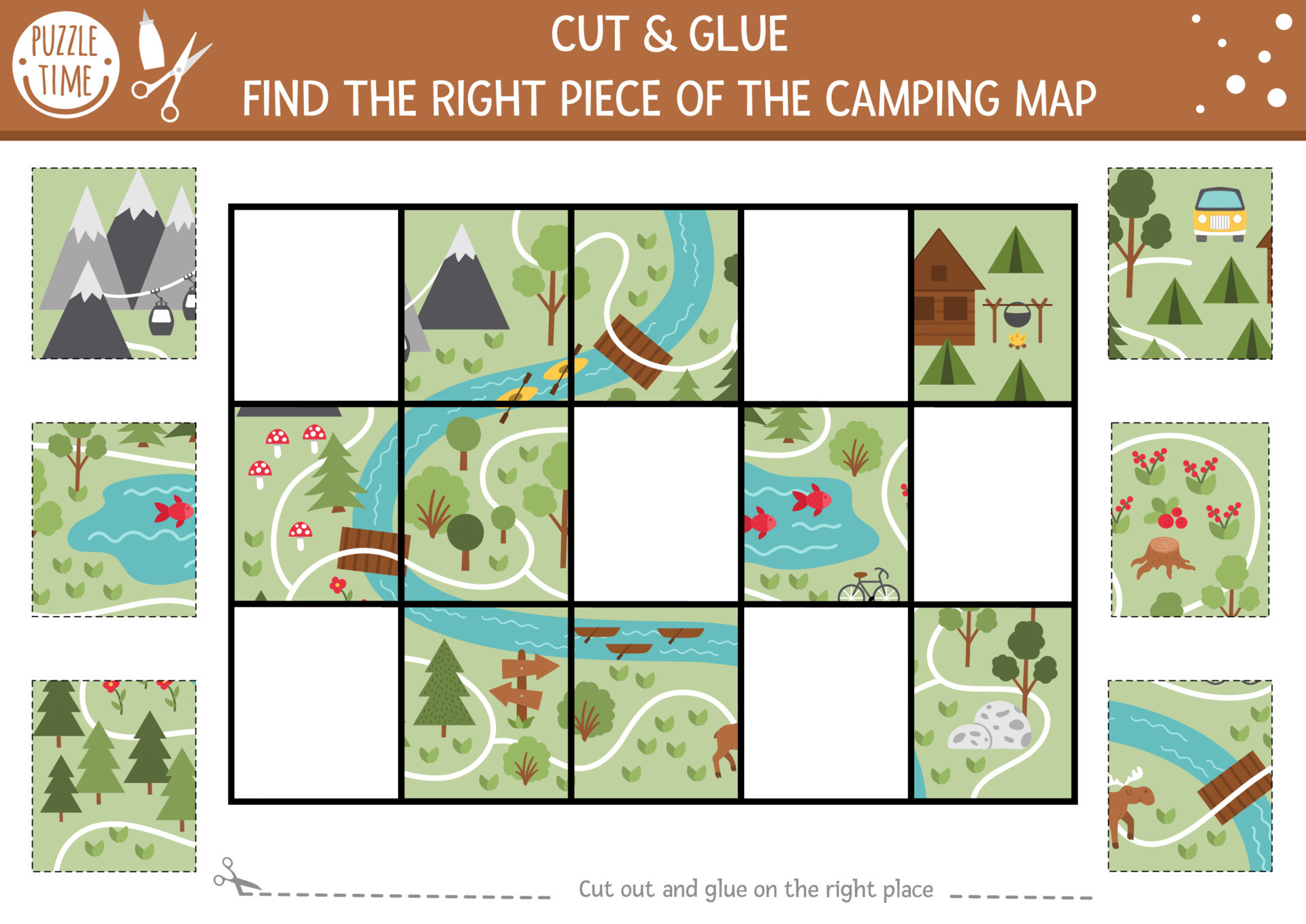 Vector camping cut and glue activity. Summer camp educational crafting ...