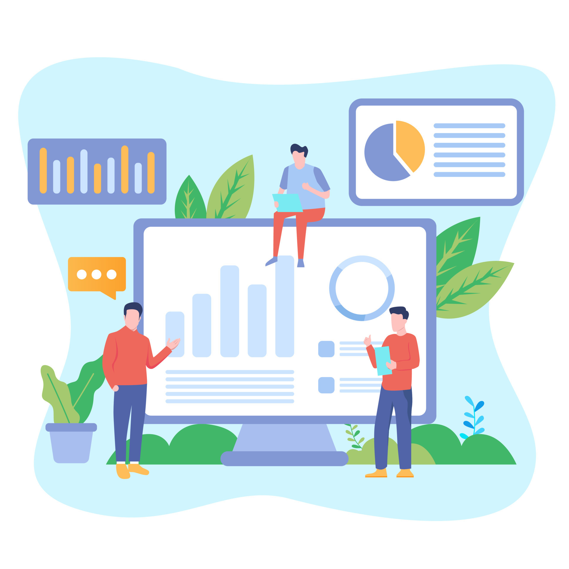 Data analysis concept with characters. Engine strategy, analyzing ...
