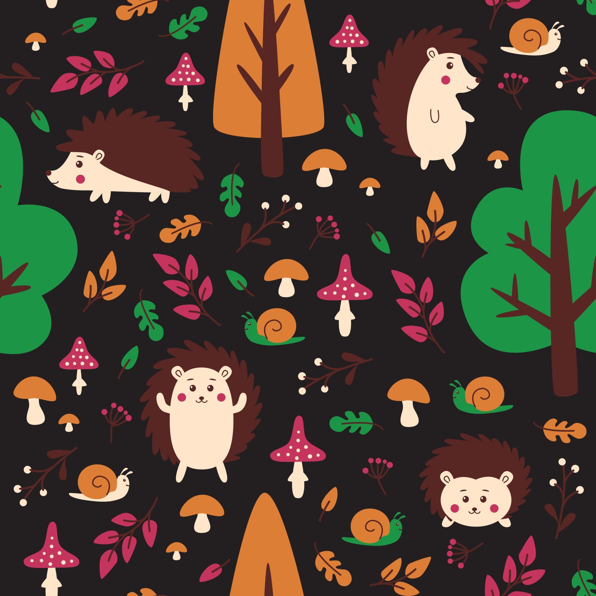 Pattern with hedgehogs, mushrooms, trees, mushrooms and snails. 7730832 ...