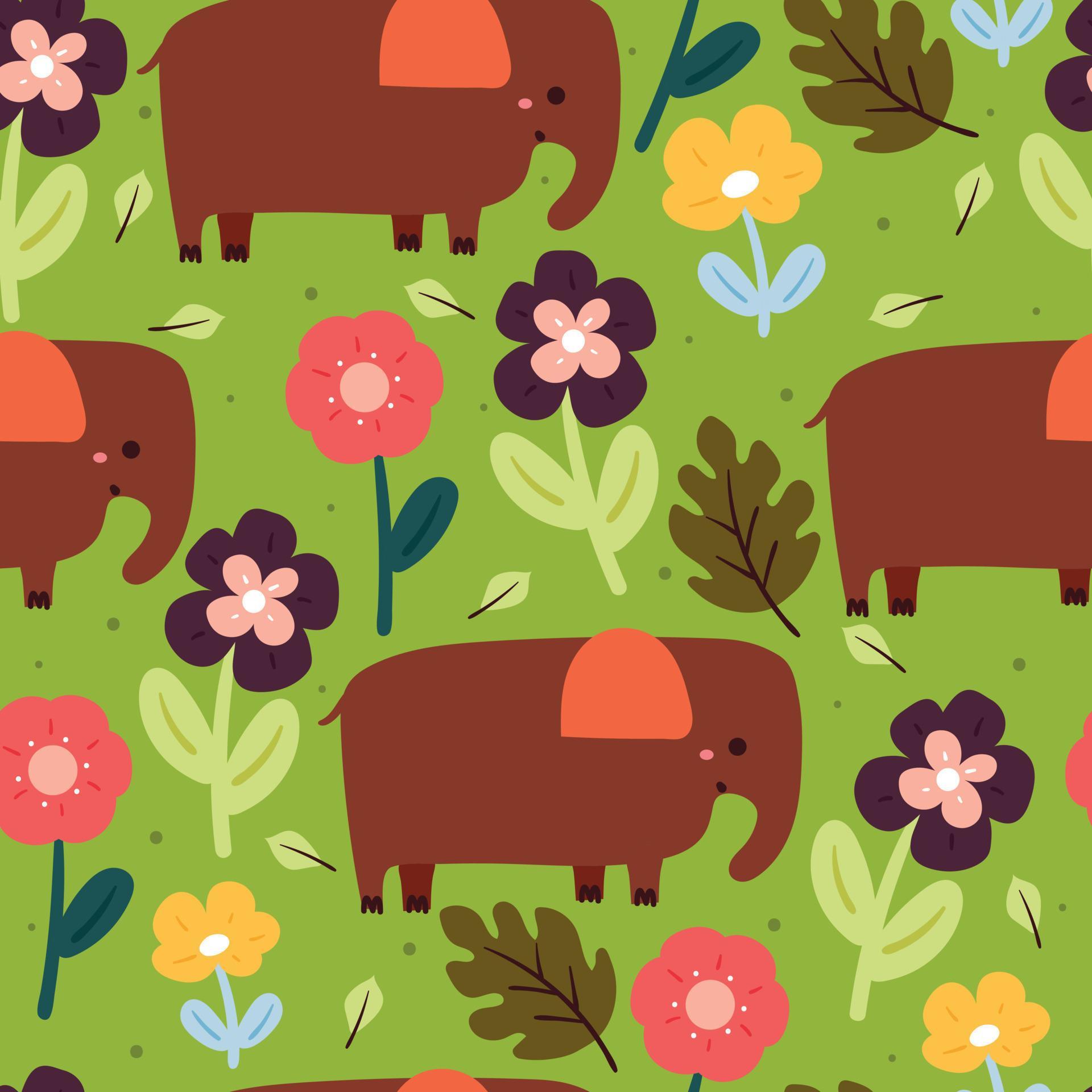 seamless pattern cute cartoon elephant and plant. animal drawing for ...