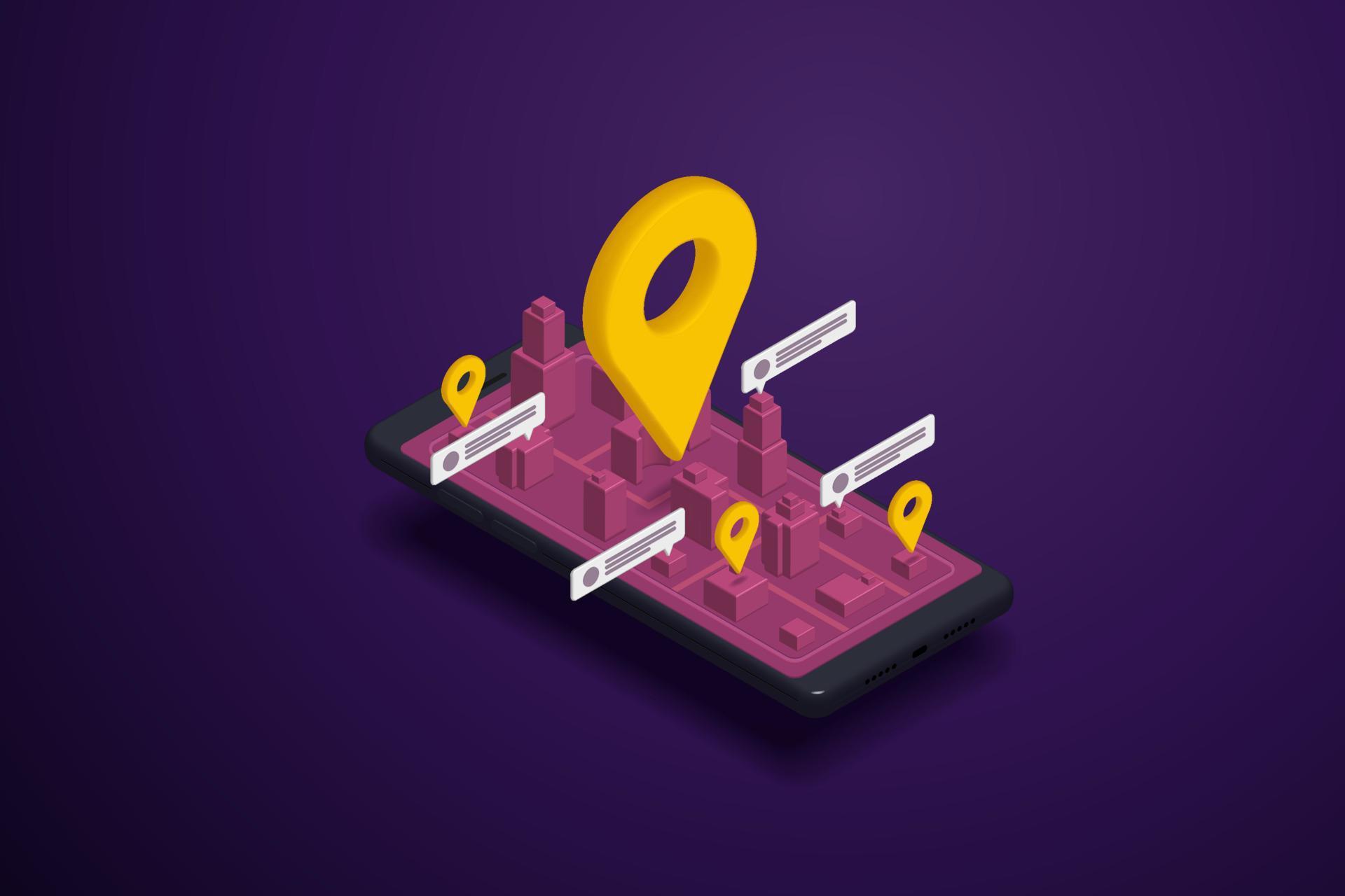 Mobile screen navigation app 3D city map yellow pin pointing to ...