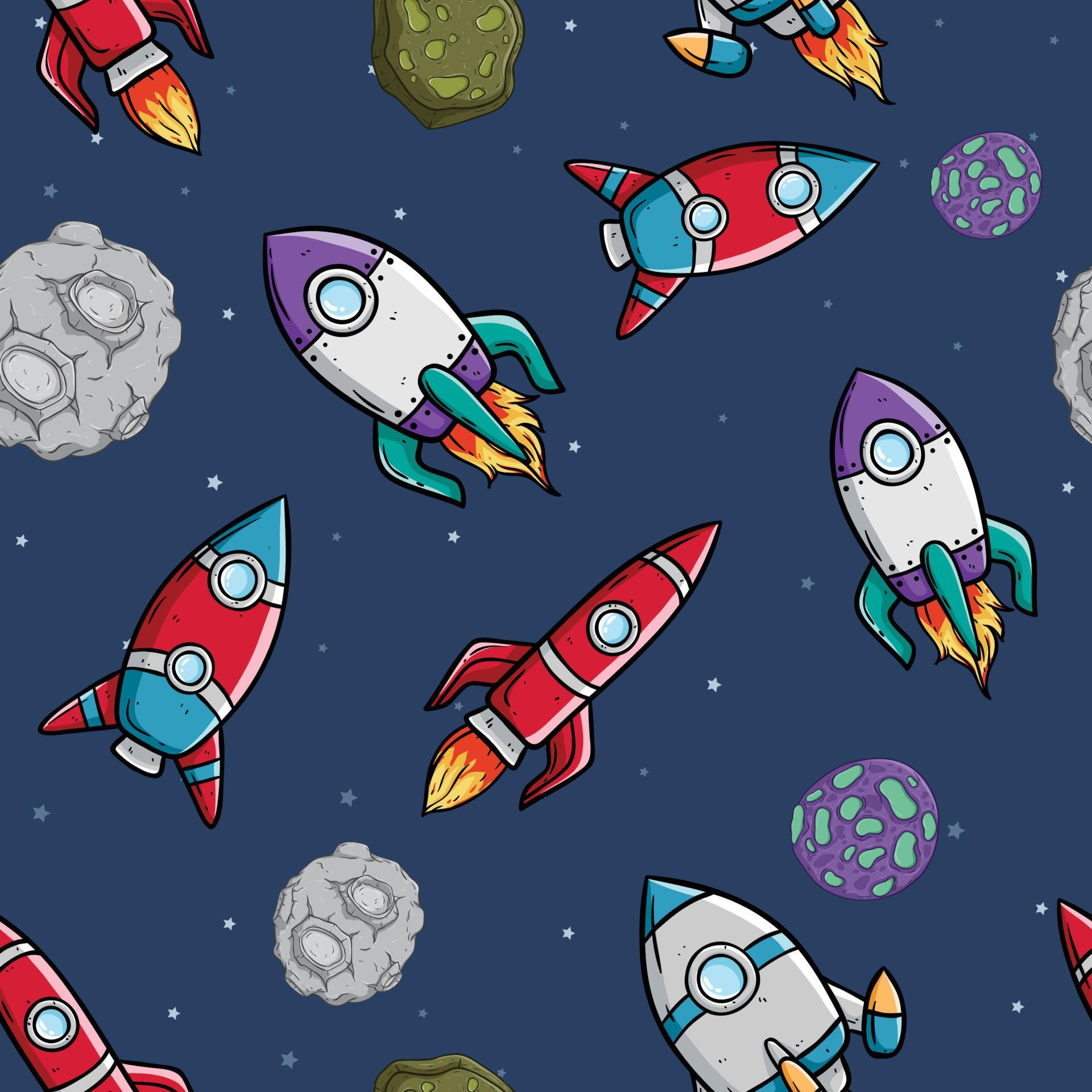 colorful space rocket and space object in seamless pattern with hand ...