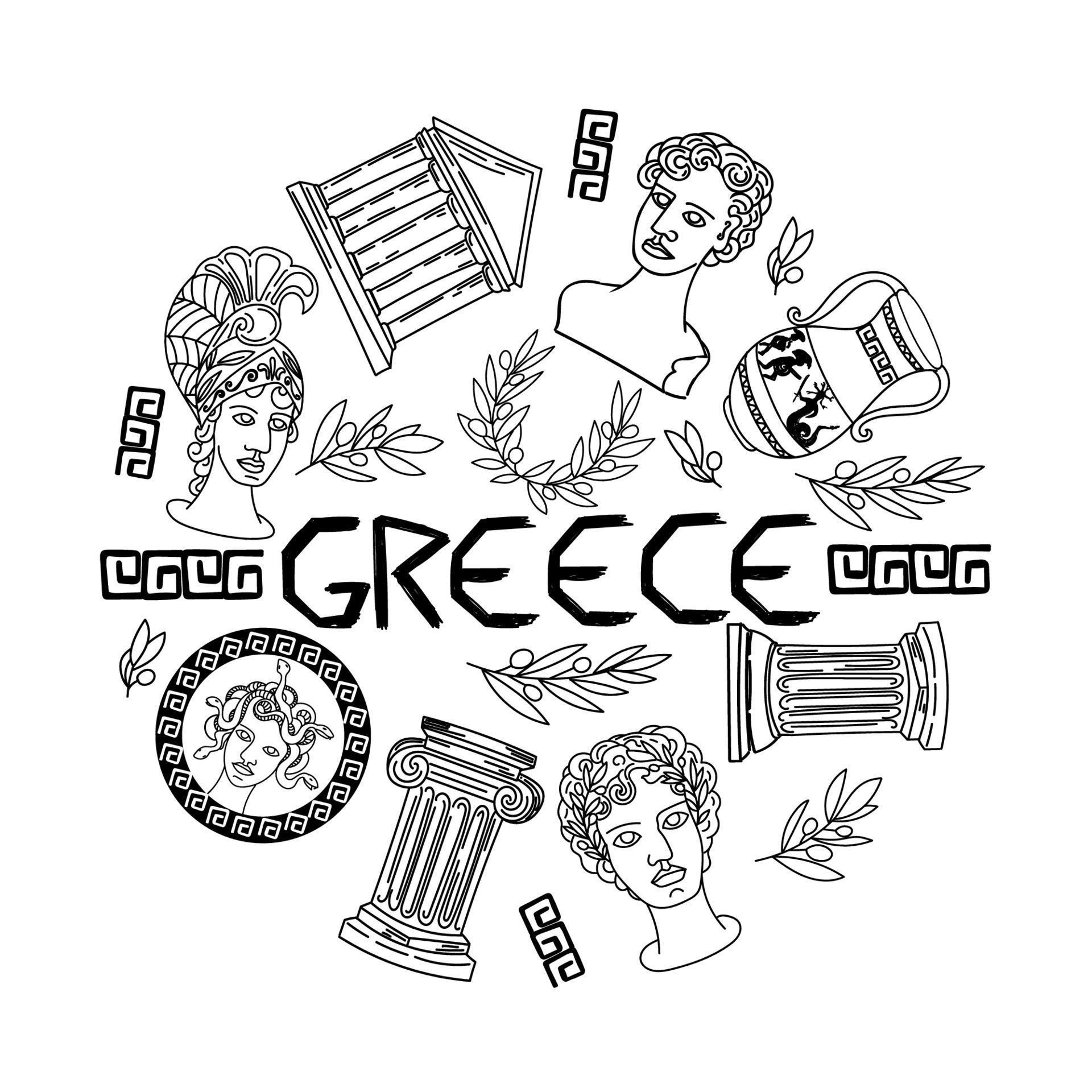 Set of ancient elements of Ancient Greece and Rome, hand-drawn doodle ...
