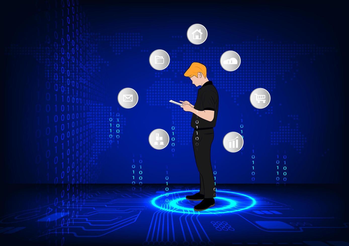 Graphics Drawing Business Man Hold Smartphone Use Connection
