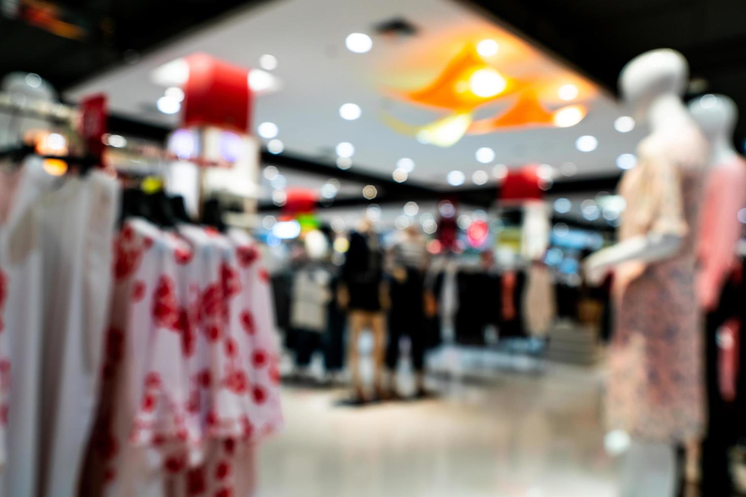 Shopping mall interior blurred background with bokeh. Abstract defocused of women department ...